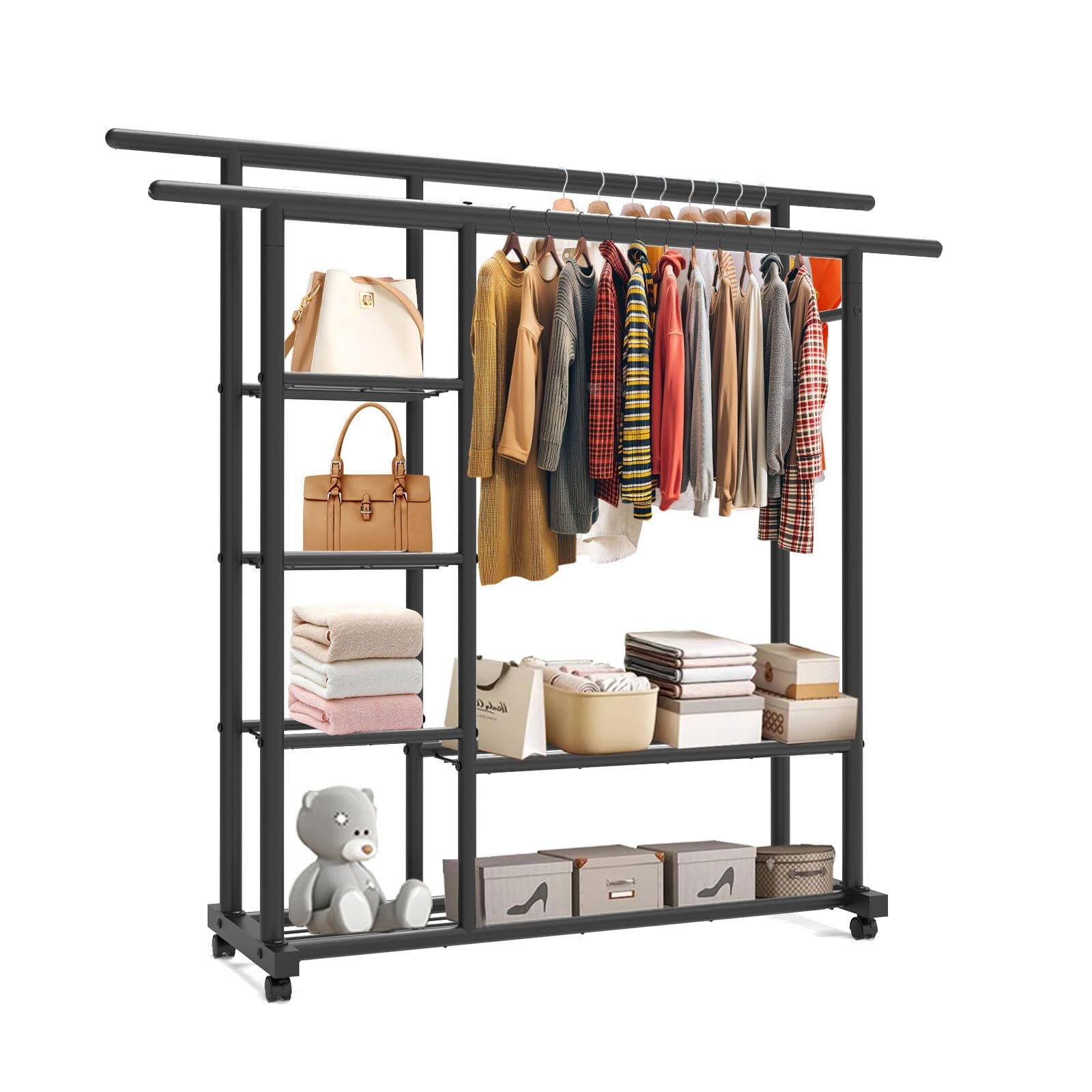 150cm Metal Clothes Rack with Wheels，with 6 Levels of Storage Space ...