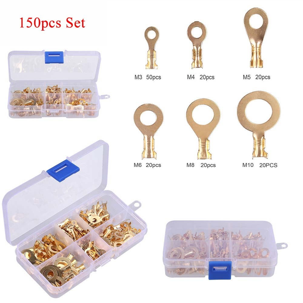 150pcs Assorted Brass Ring Cable Lugs Ring Copper Crimp Connector Wire ...