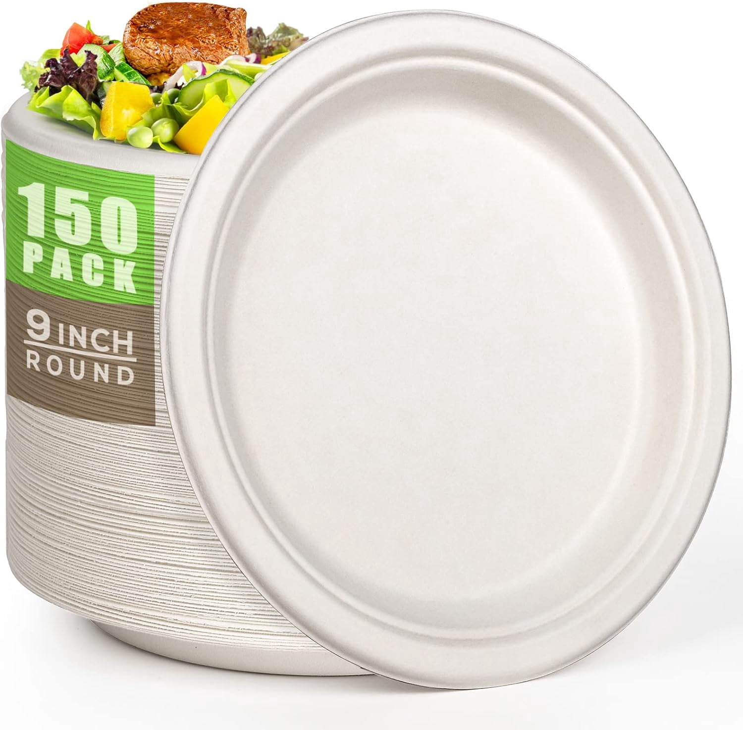150pcs Compostable Paper Plates 9 Inch Disposable Unbleached Heavy Duty ...