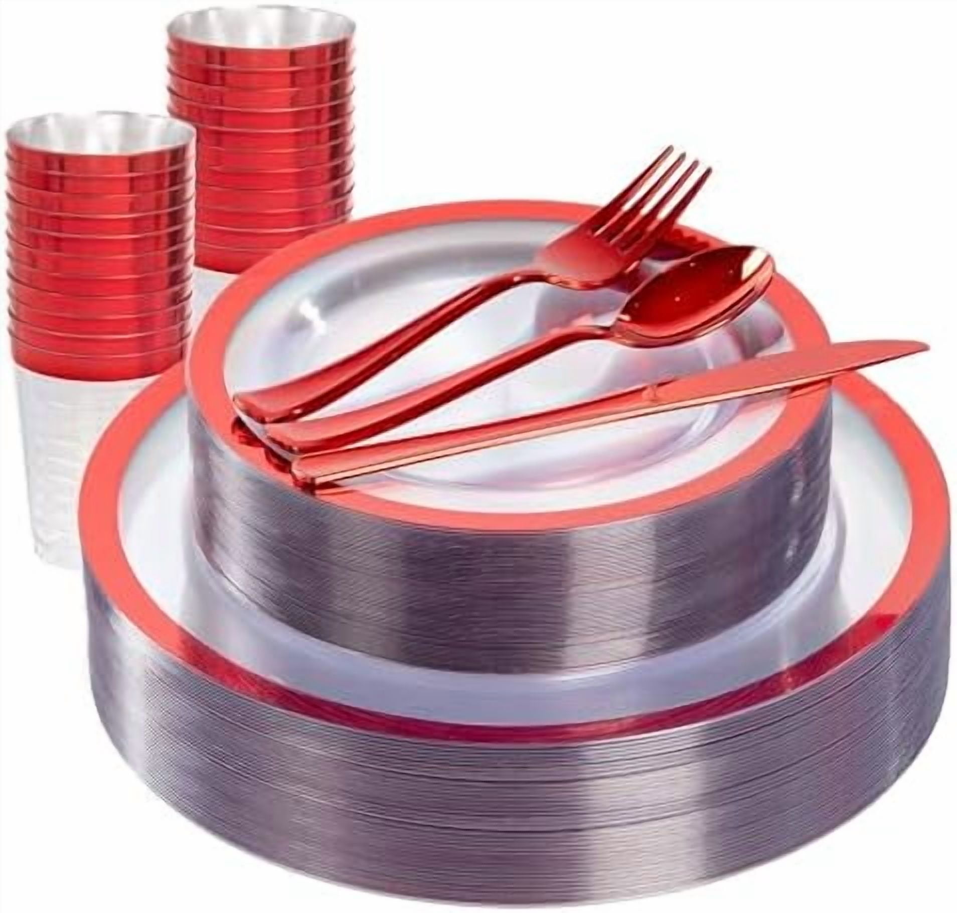 150pcs Disposable Christmas Plates | Clear Plates Red Trim,Silverware ...