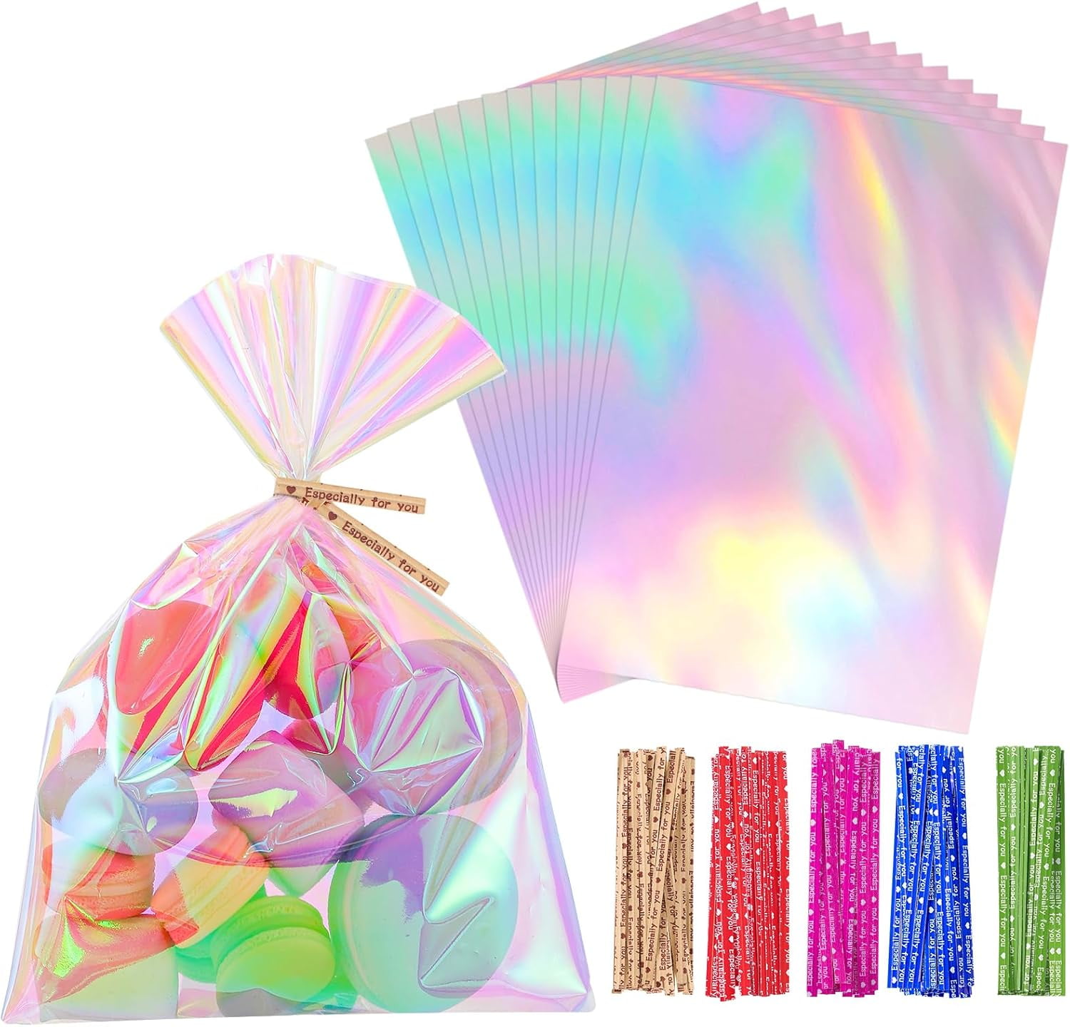 150pcs Iridescent Cellophane Treat Bags with Ties 5x7 Inch Holographic ...