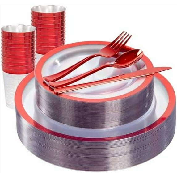 150pcs Red Disposable Plates | Clear Plates Red Trim,Silverware ...