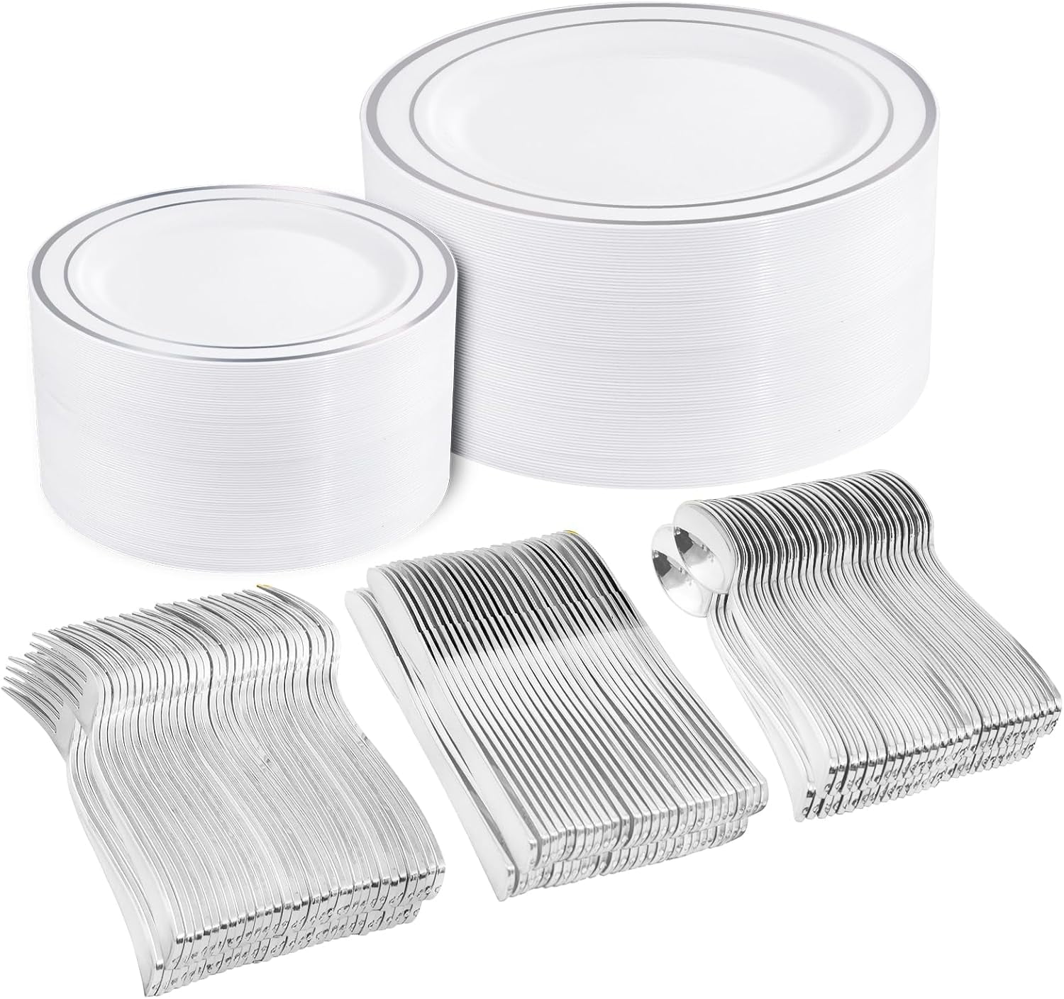 150pcs Silver Plastic Dinnerware Sets, Includes: 30 Silver Rim Dinner ...