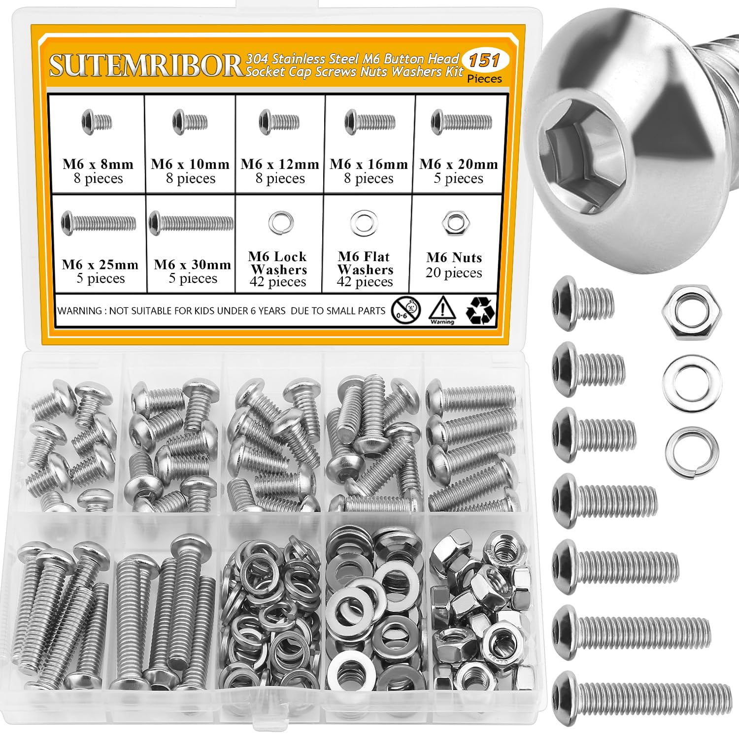 151 Pieces M6 Screws Nuts Washers Set, M6 x 8/10/12/16/20/25/30mm Button Head Socket Cap Screws ...