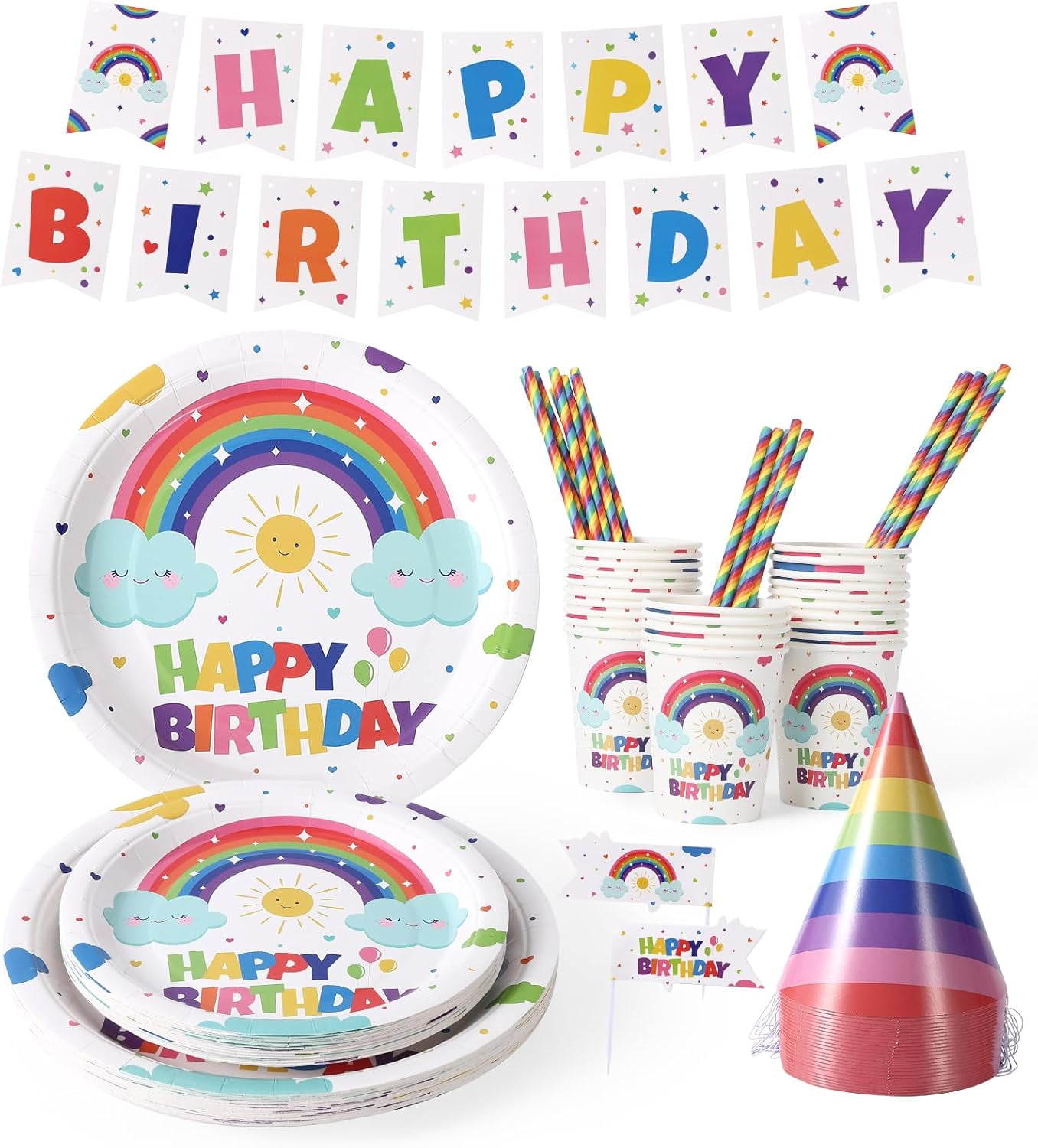 151Pcs Birthday Disposable Dinnerware Set,Rainbow Decorations Paper ...