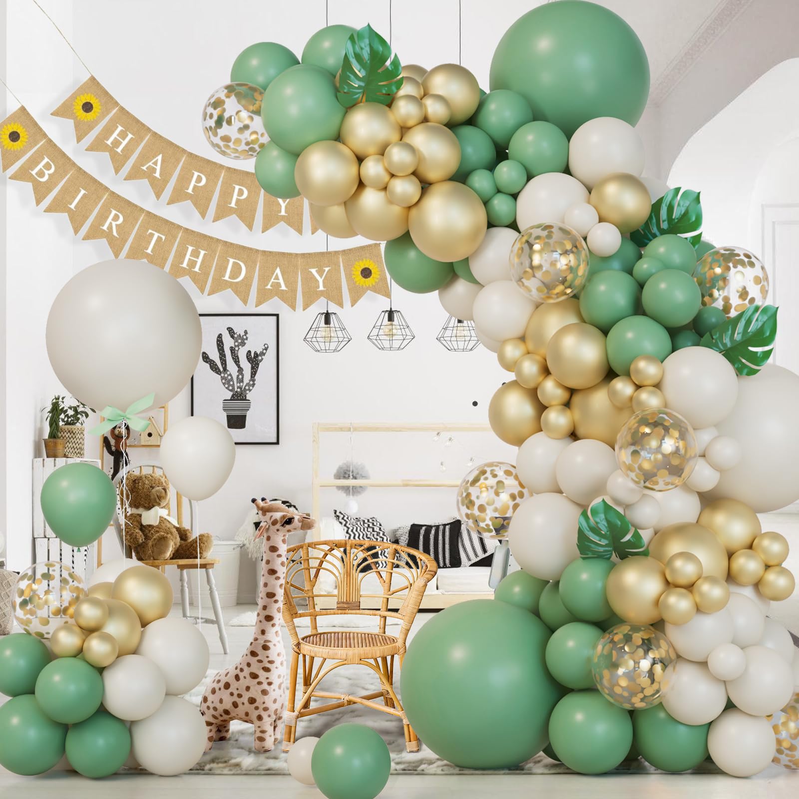 151Pcs Sage Green AJH3 Balloon Garland Arch Kit Olive Sage Green Sand White Gold and Confetti ...