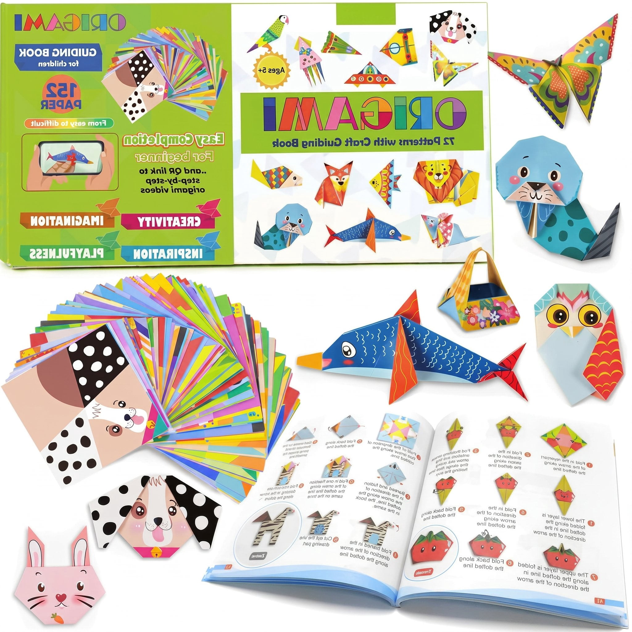 152 Sheets Origami Paper Kit for Ages 5-12, 72 Double-Sided Patterns, 5 ...