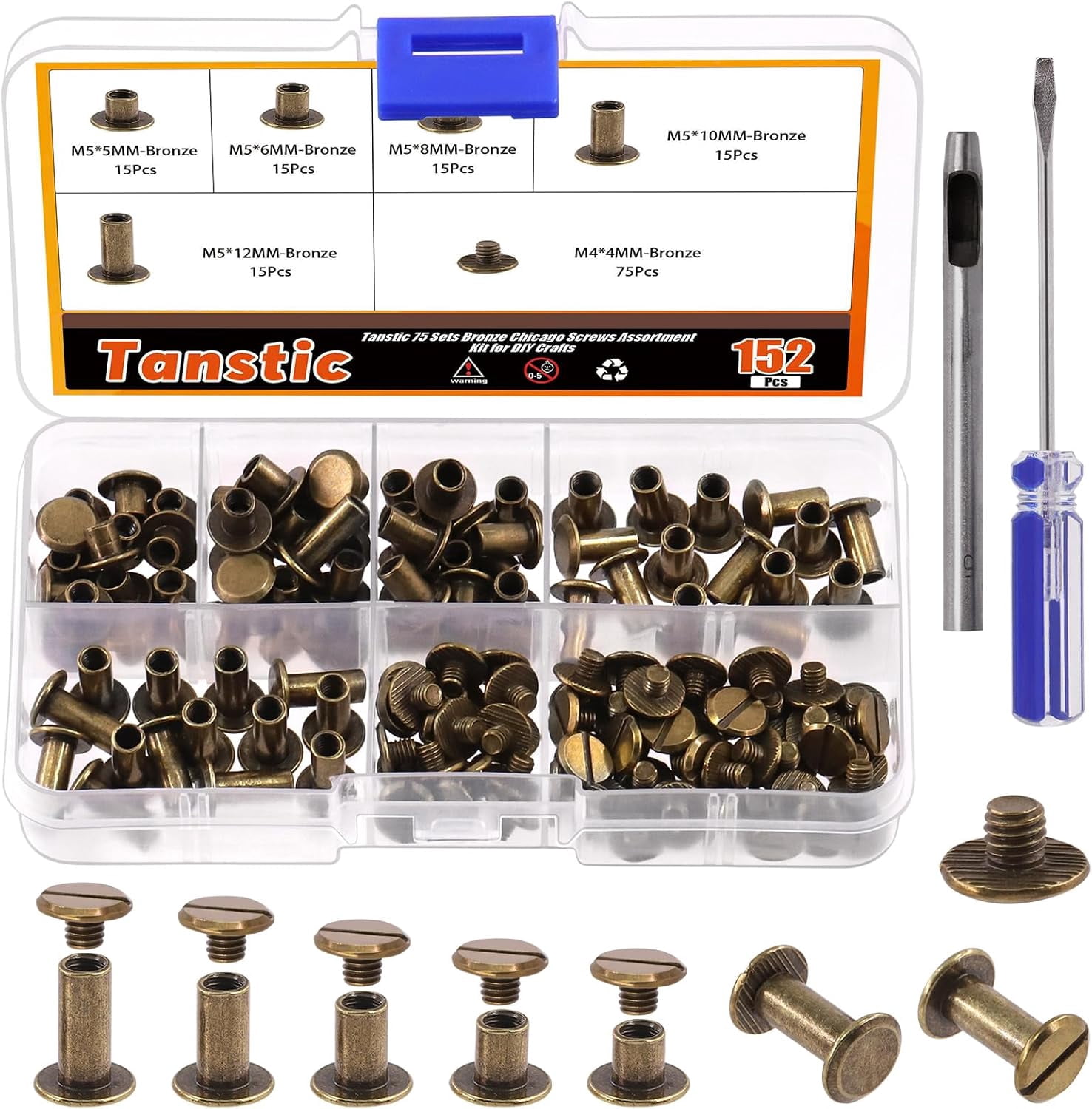 152Pcs(75 Sets) Chicago Screws Assorted Kit, M5 x 5/6/8/10/12mm Flat ...