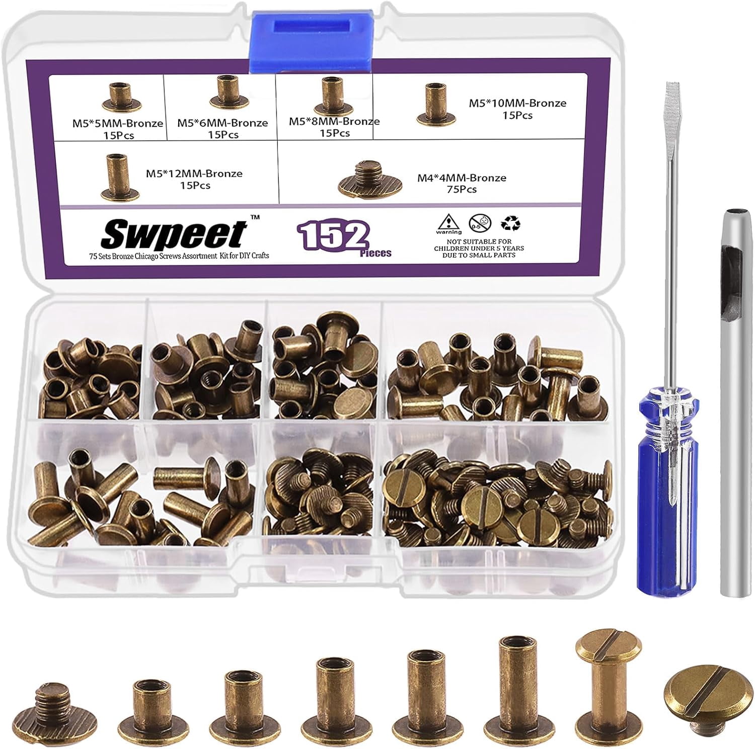 152Pcs M5x5mm, 6mm, 8mm, 10mm, 12mm Bronze Screws Leather Rivets ...
