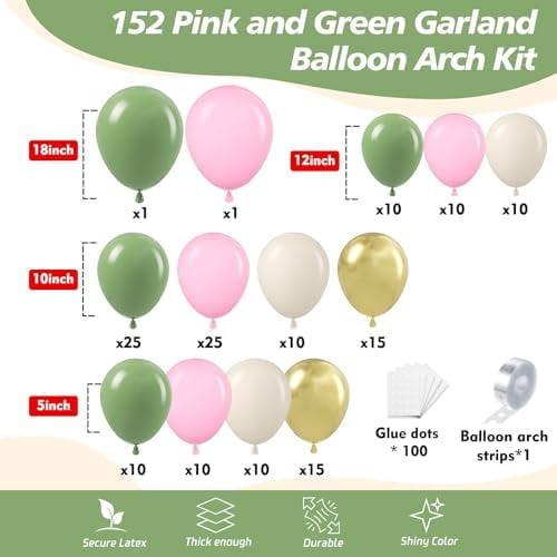 152Pcs Pink and Green Balloon Garland Arch Kit - Sage Green and Pink ...