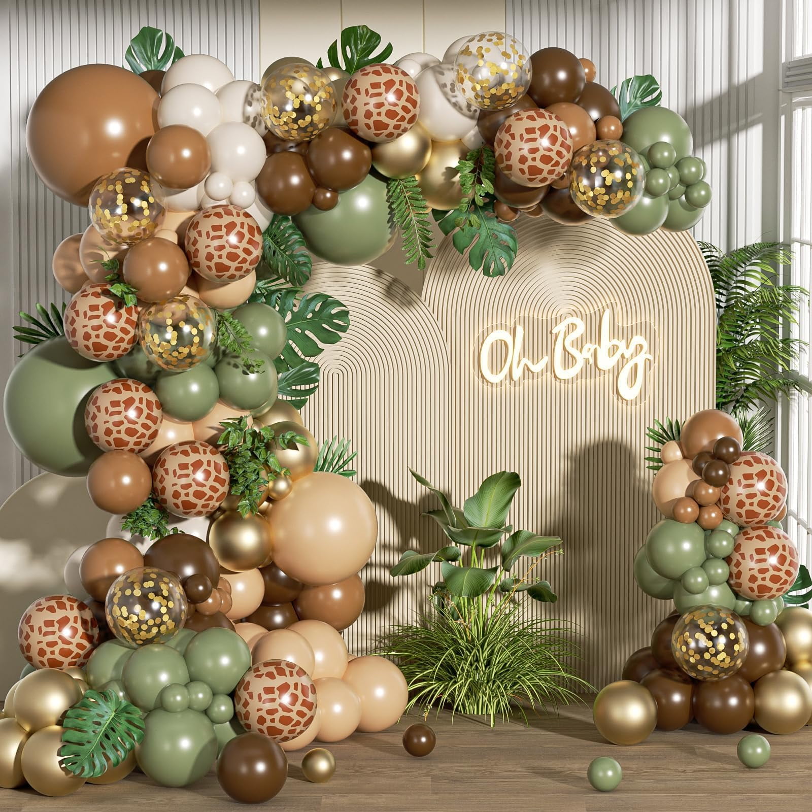 152pcs Jungle Safari Balloon Garland Arch Kit, Sage Green Brown Sand White Nude Balloons and ...