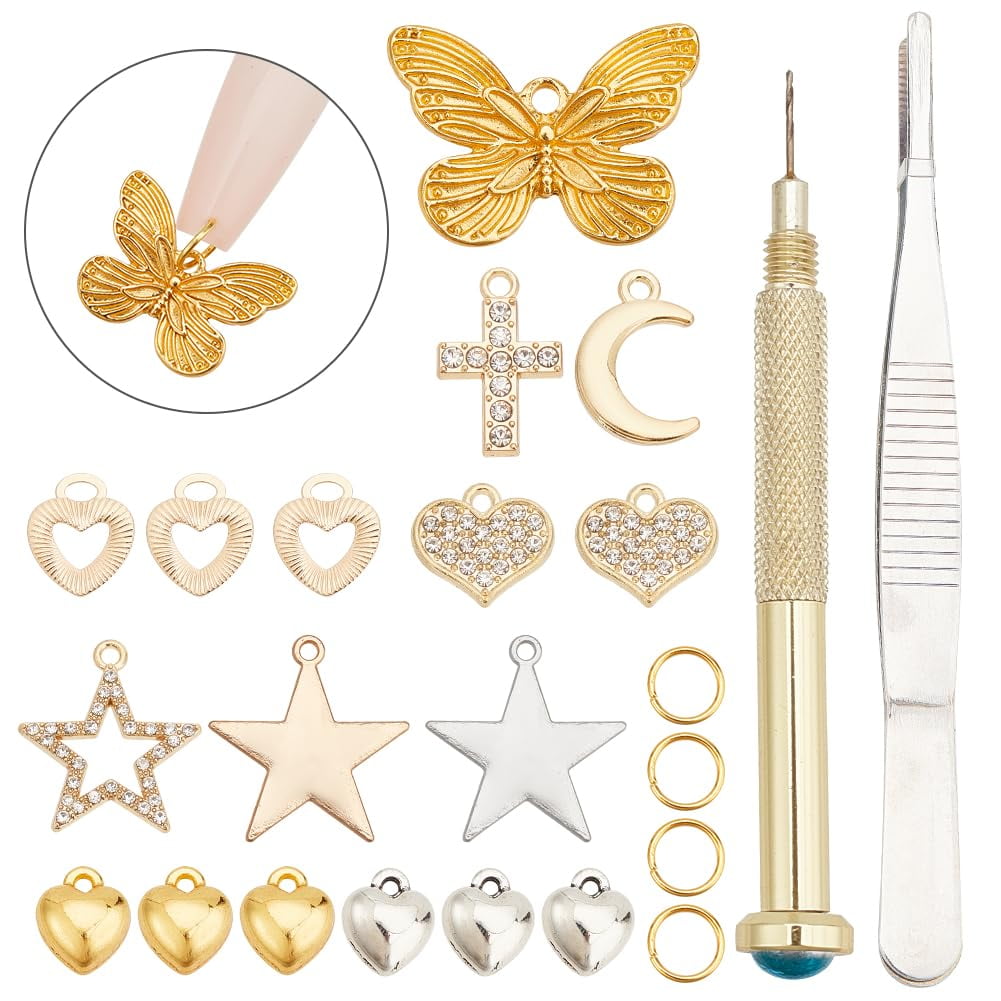 153pcs Star Dangle Nail Art Charms Sets Cross Moon Heart Pendant Nail ...