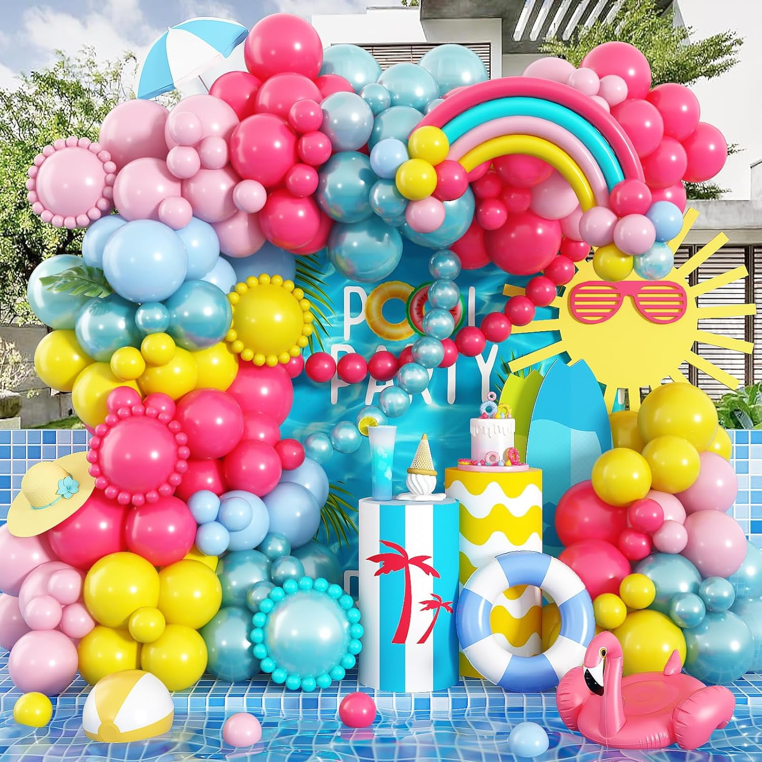 155 Pcs Summer Rainbow Balloons Arch Kit, Hot Pink Teal Blue and Yellow ...