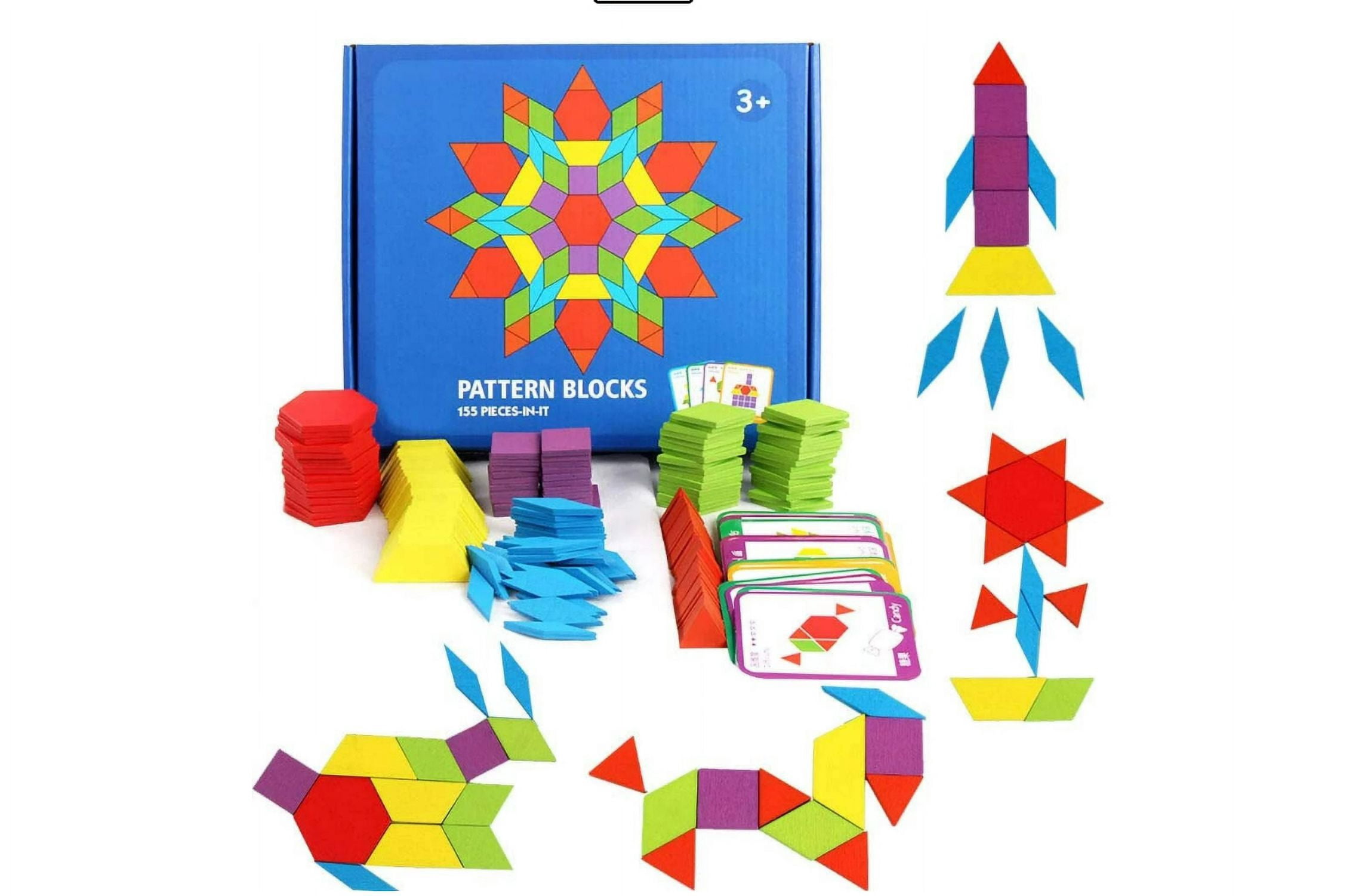 155 Pcs Wooden Pattern Blocks Set Geometric Shape Puzzle Kindergarten ...