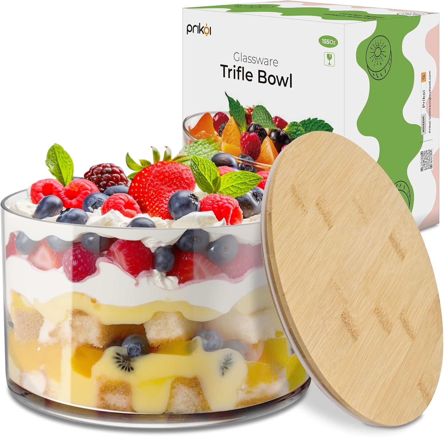 155oz Large Trifle Bowl with Lid, Modern Design Clear Glass for Salads ...