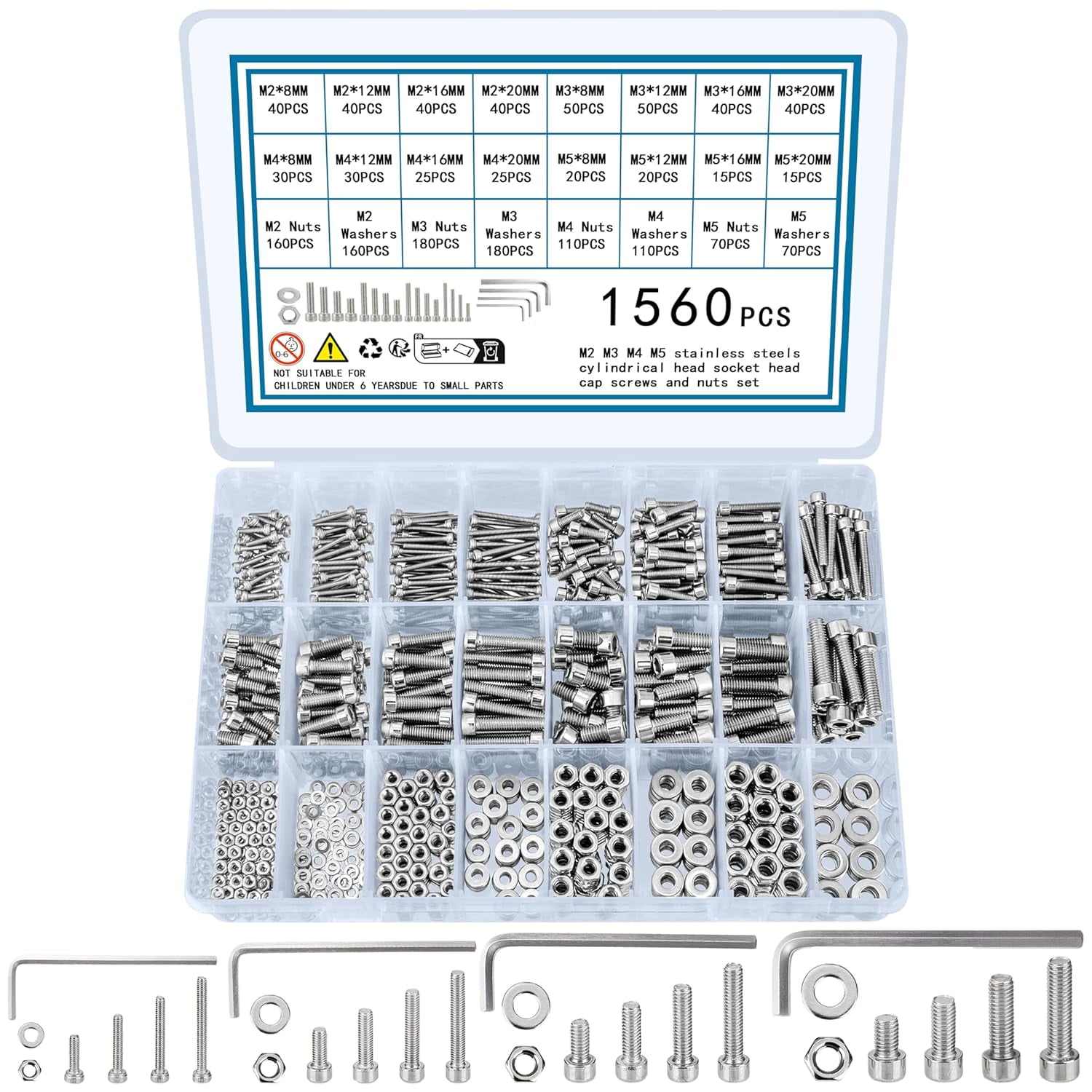 1560 Pcs M2 M3 M4 M5 Screws and Nuts, Hex Socket Head Cap Screws Nuts ...