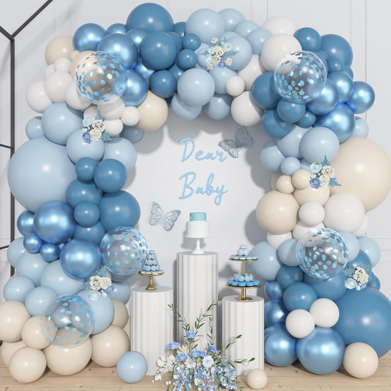 157 Pcs Dusty Blue Balloons Garland Arch Kit, Dusty Baby Light Metallic Blue Sand White Confetti ...