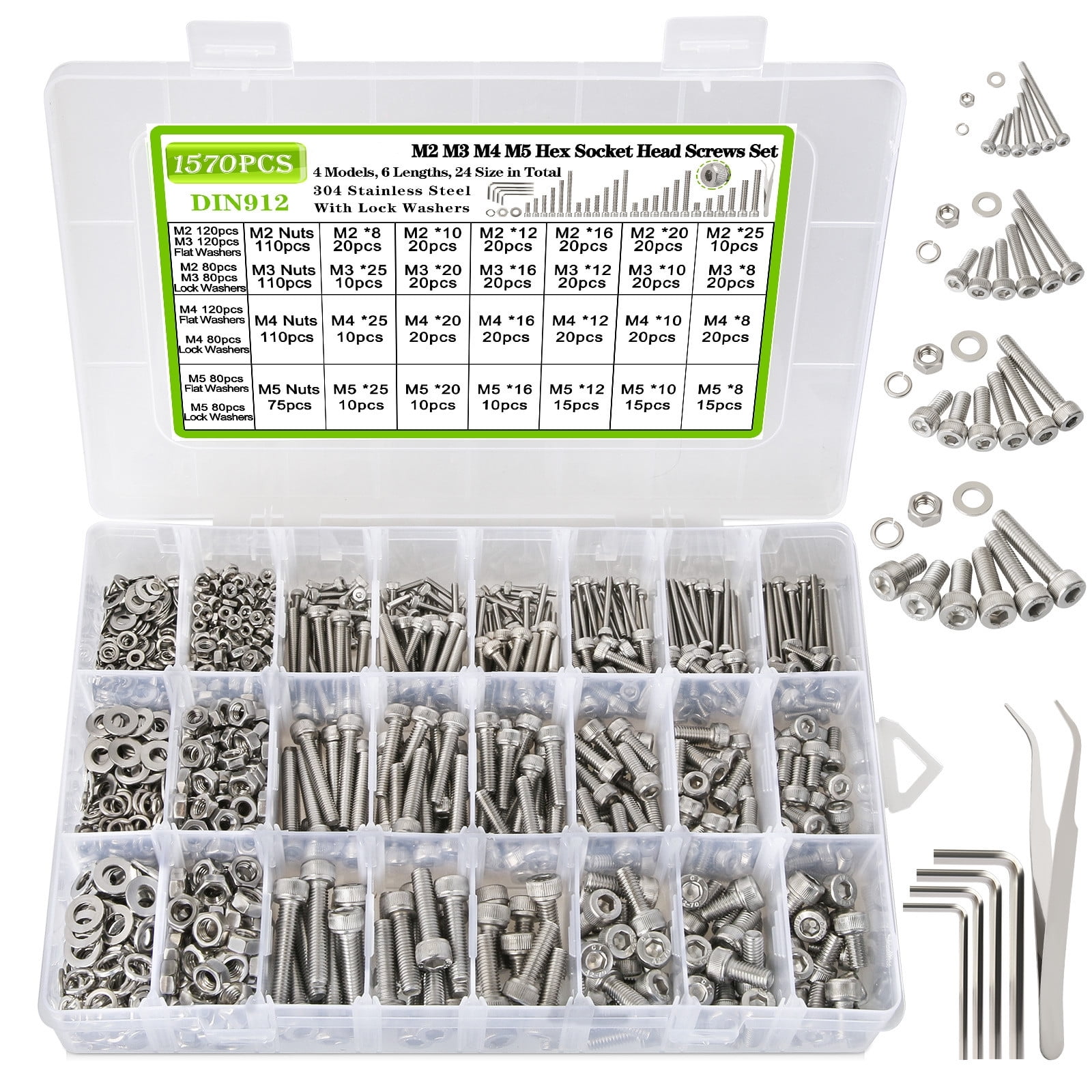 1570PCS M2/M3/M4/M5 Screws Bolts and Nuts Kit, 24 Sizes 8mm to 25mm, Hex Socket Head Cap Screws ...