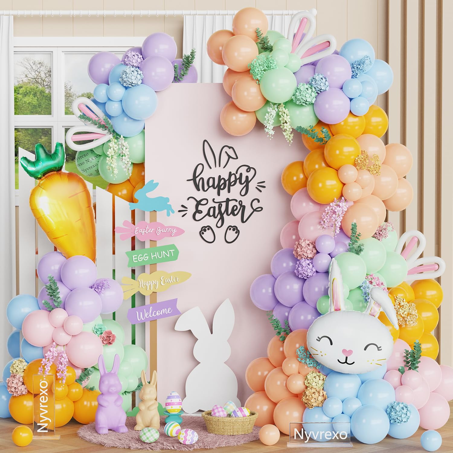 157PCS Easter Balloon Arch STF9 Decoration Kit, Bunny Theme Pastel Macaron Mustard Yellow Carrot ...