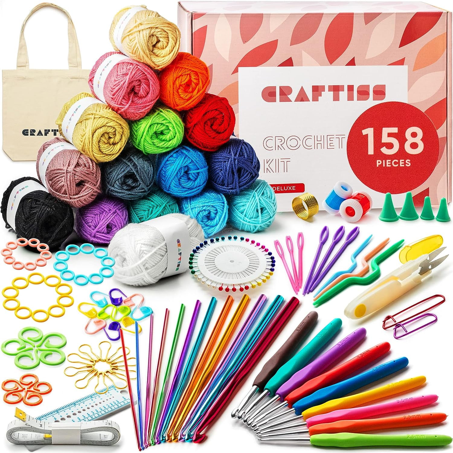 CRAFTISS Crochet Kit for Beginners, 158 Pieces with 16 Colors of ...