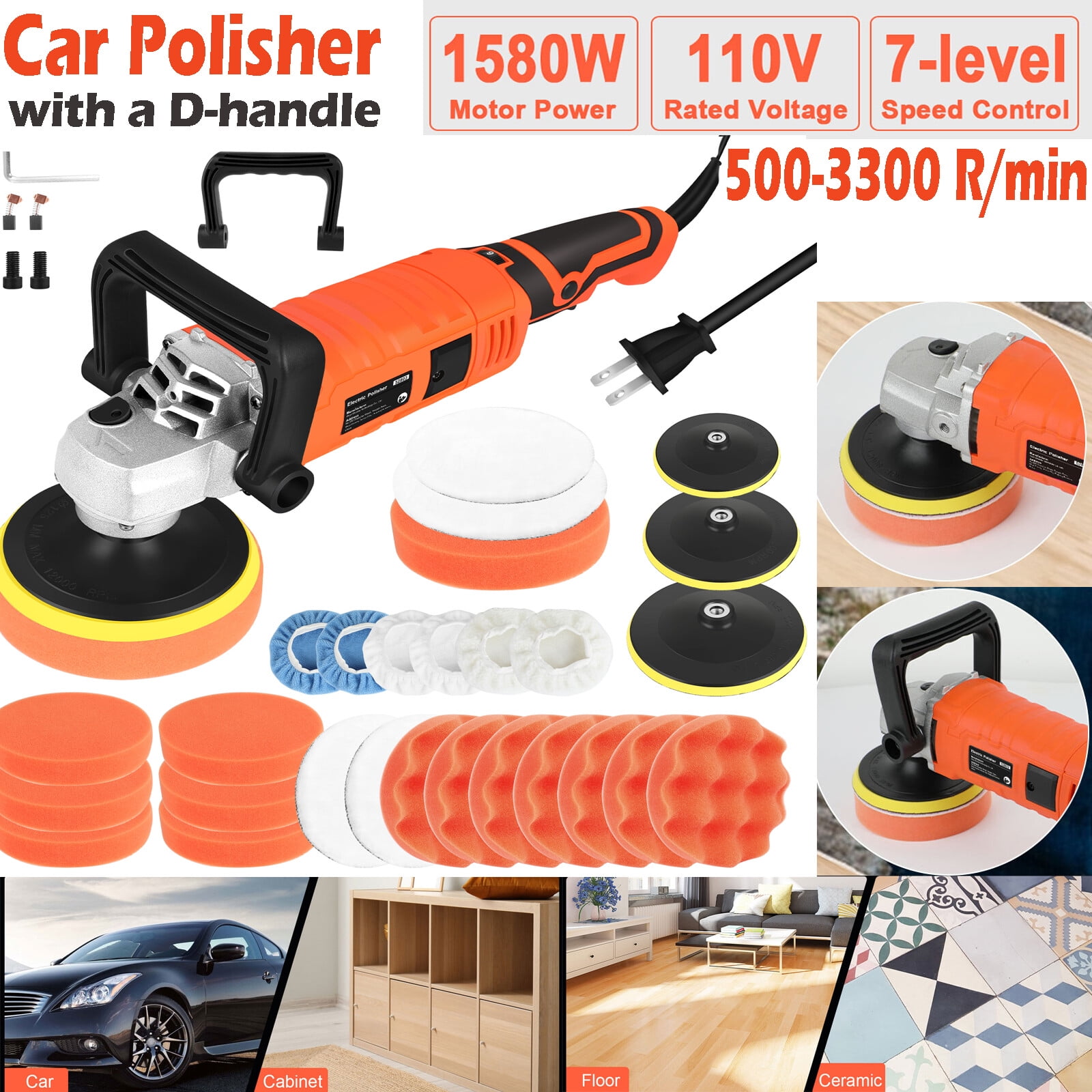 🧡1580W Rotary Car Polisher Buffer Sander +5"6"7"Polishing Machine Waxer ...