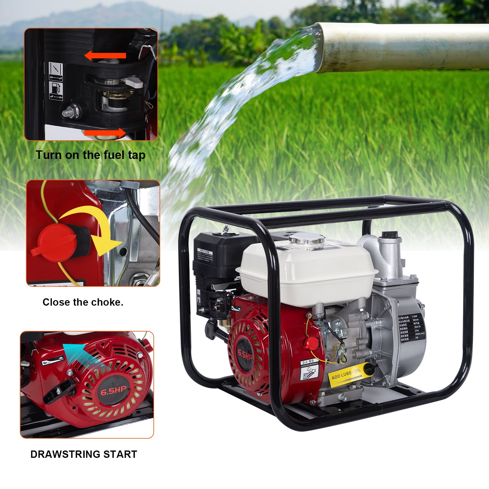 158GPM 6.5 HP 4-Stroke 2inch Gas Water Pump Semi-Trash Water Pump ...