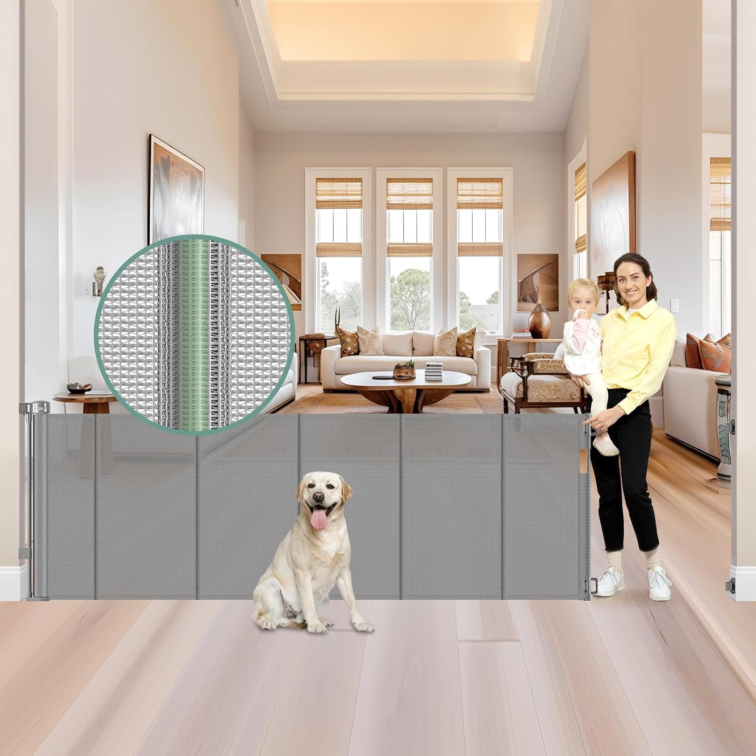 159 Inch Extra Wide Retractable Dog Gate with Support Rods, Indoor ...