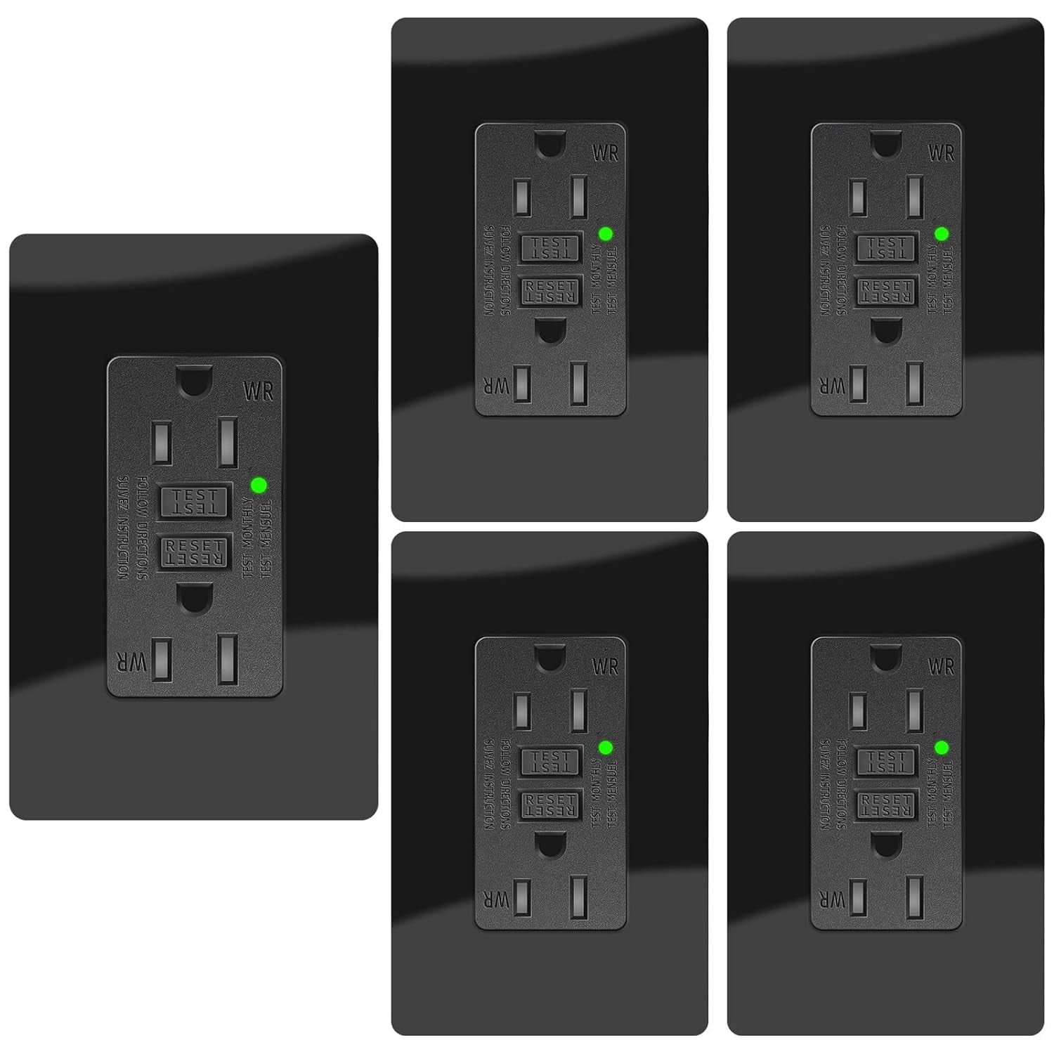 15A Black GFCI Outlet, TR & WR Ground Fault Protector with LED ...