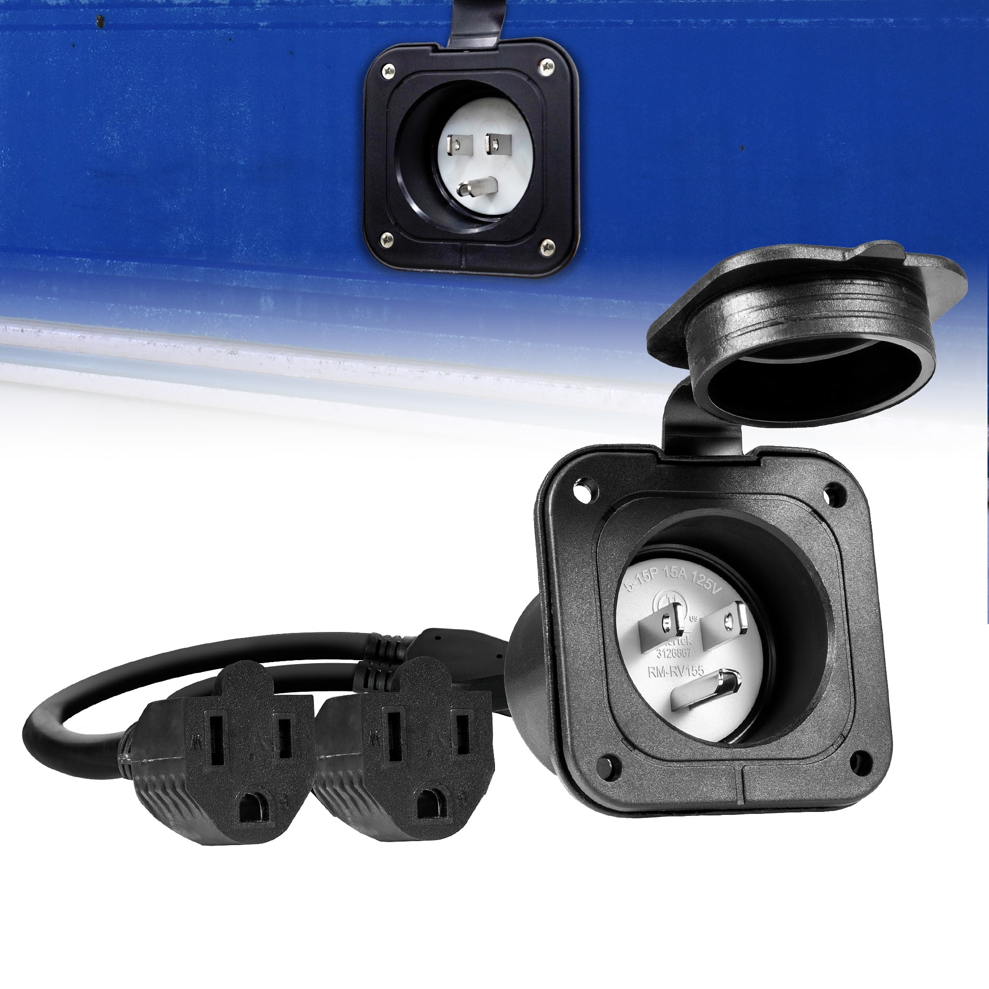 15A Flanged Inlet Shore Power Supply Receptacle w/ DUAL 16" Extension ...