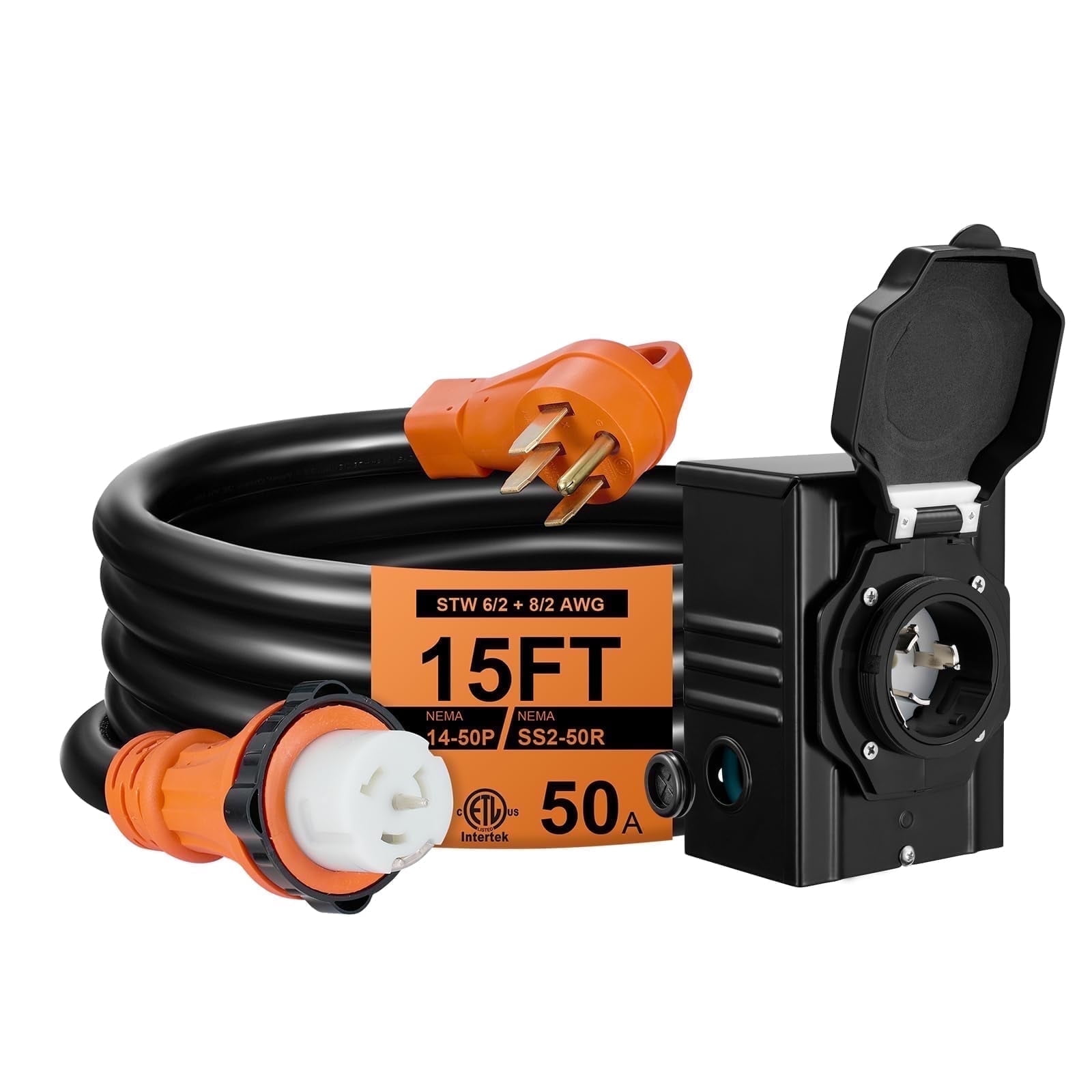 15FT 50A Generator Power Cord with Pre-Drilled Power Inlet Box, Heavy ...