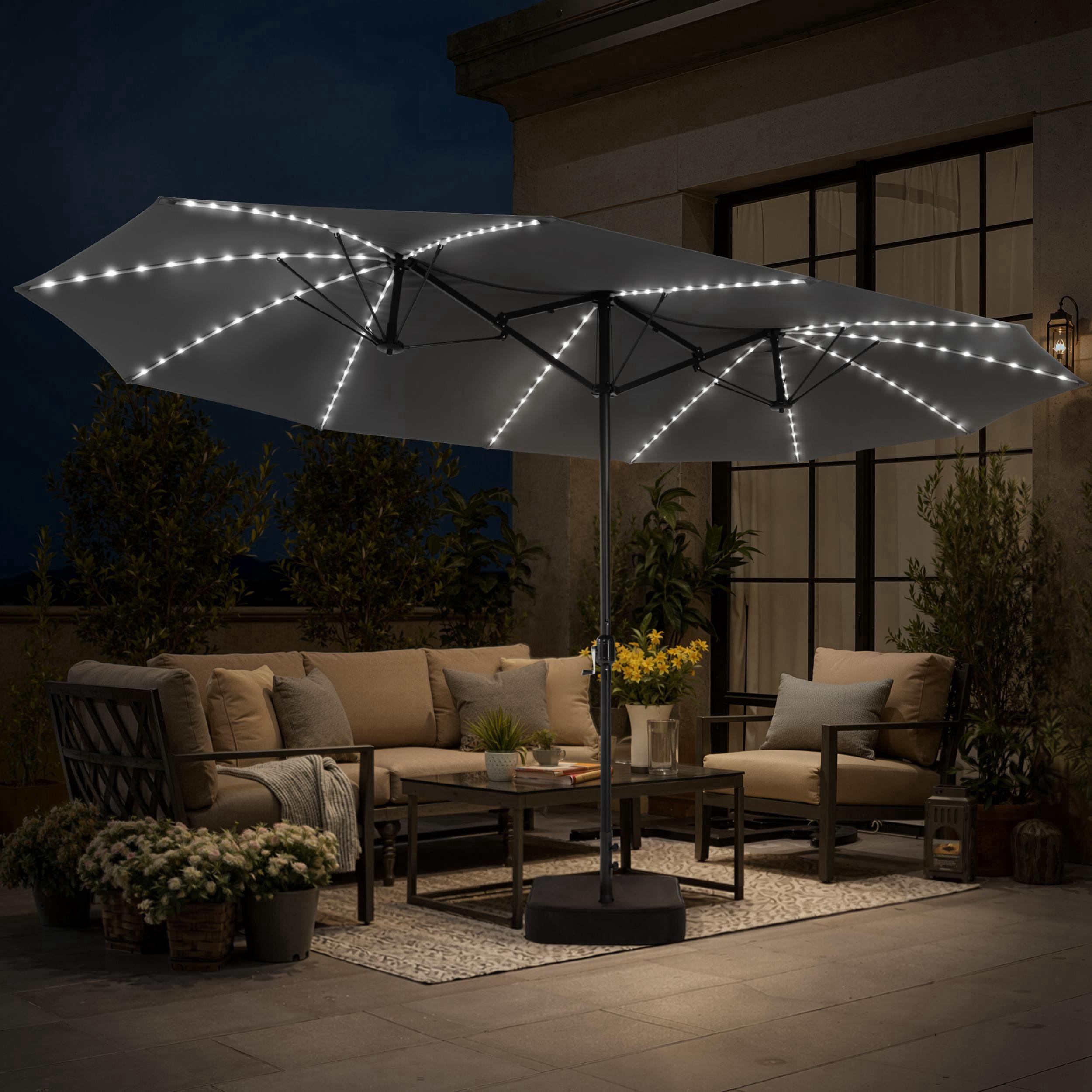 15FT Double Sided Umbrella with 144 LED Solar Lights, Outdoor Patio ...