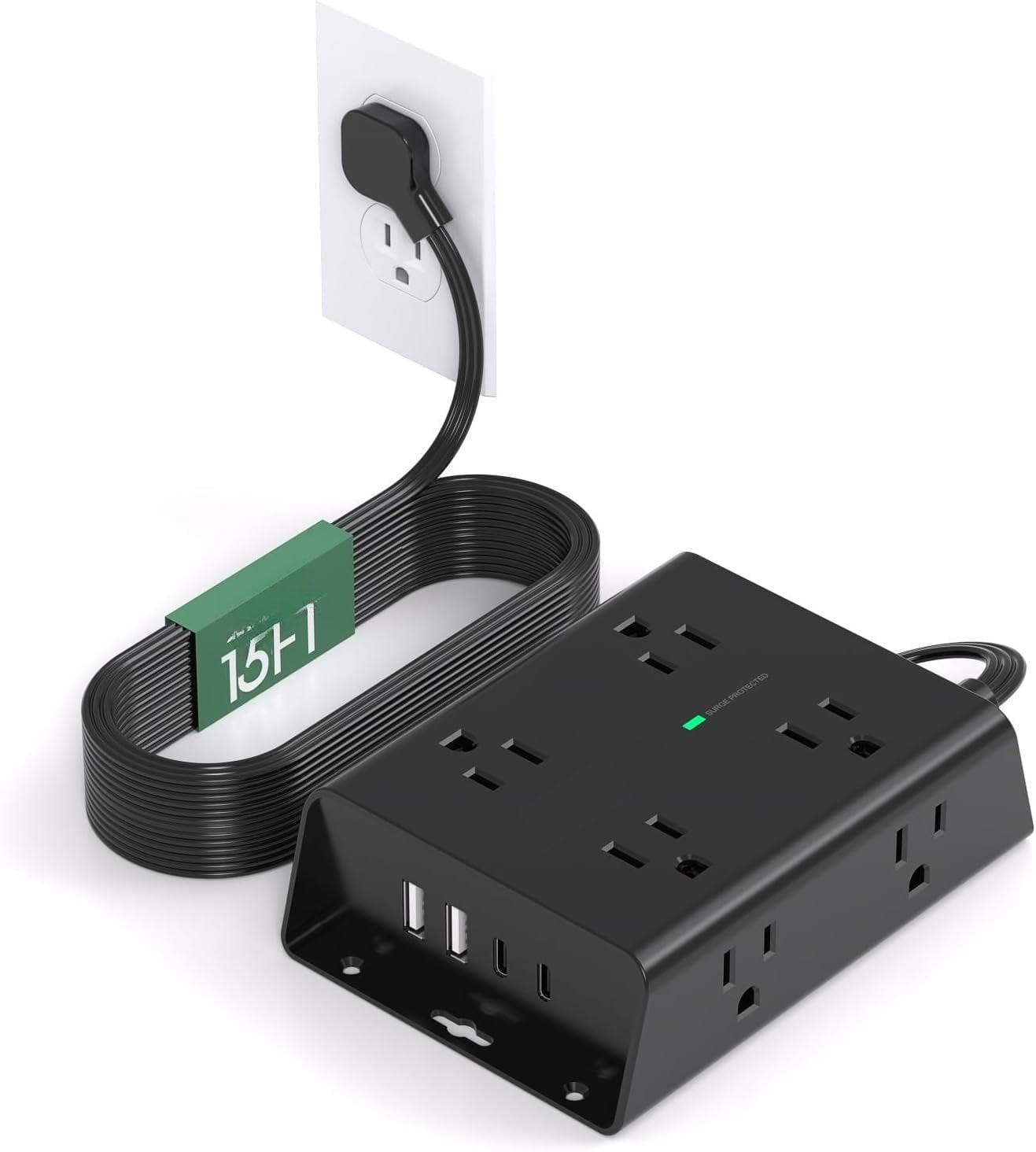 15FT Flat Plug Extension Cord with Multiple Outlets, Surge Protector ...