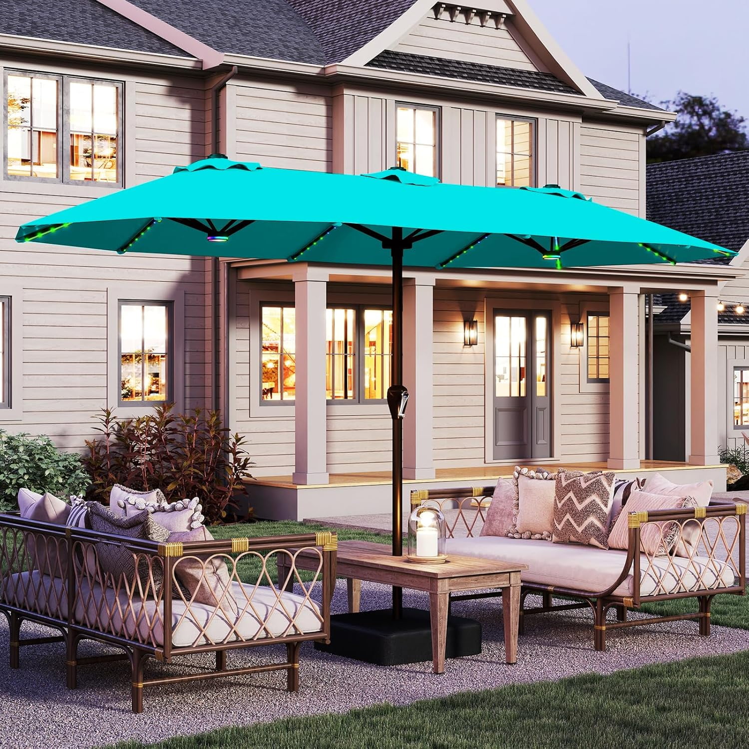 15FT Patio Umbrella with Solar Lights, Outdoor Table Umbrellas Double ...