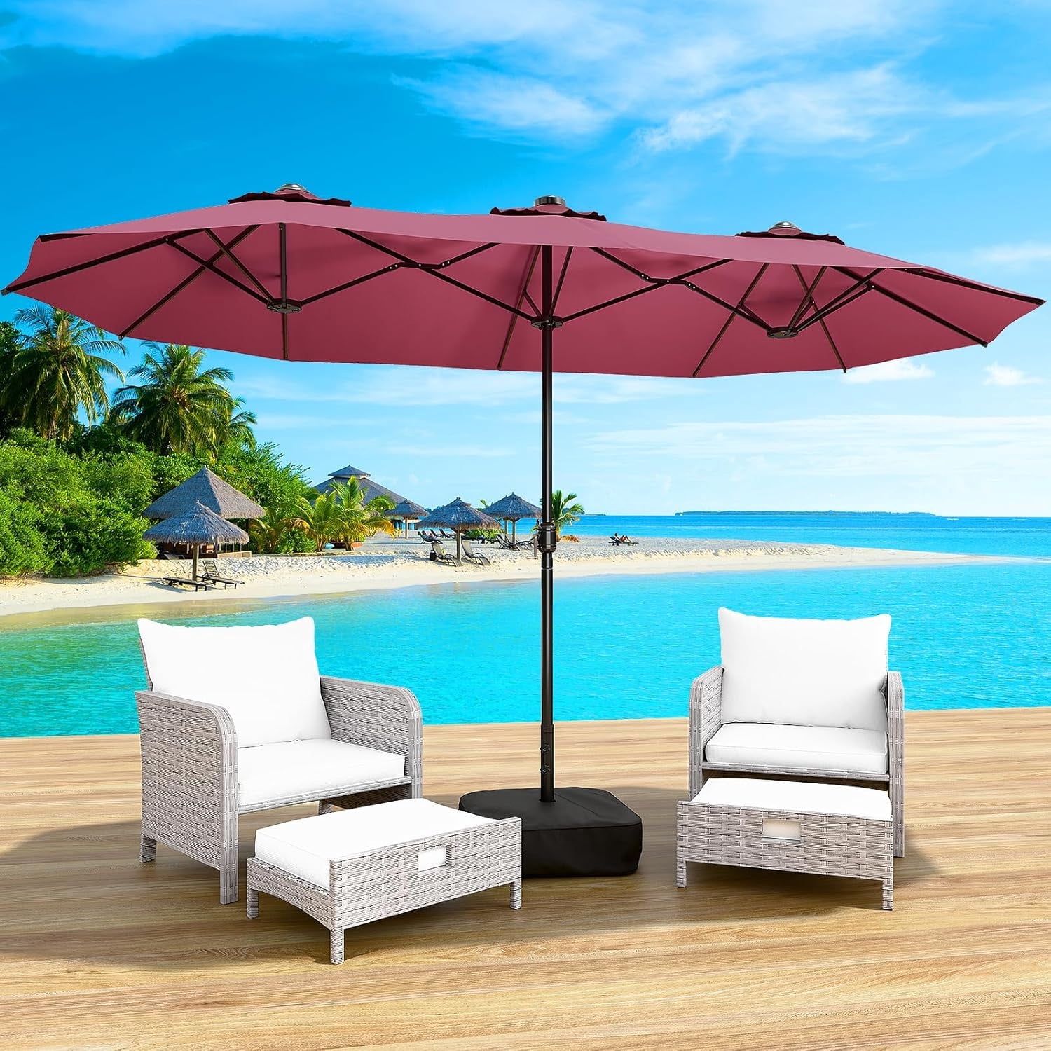 15FT Rectangle Patio Umbrella with Base & Solar LED Lights - Double ...