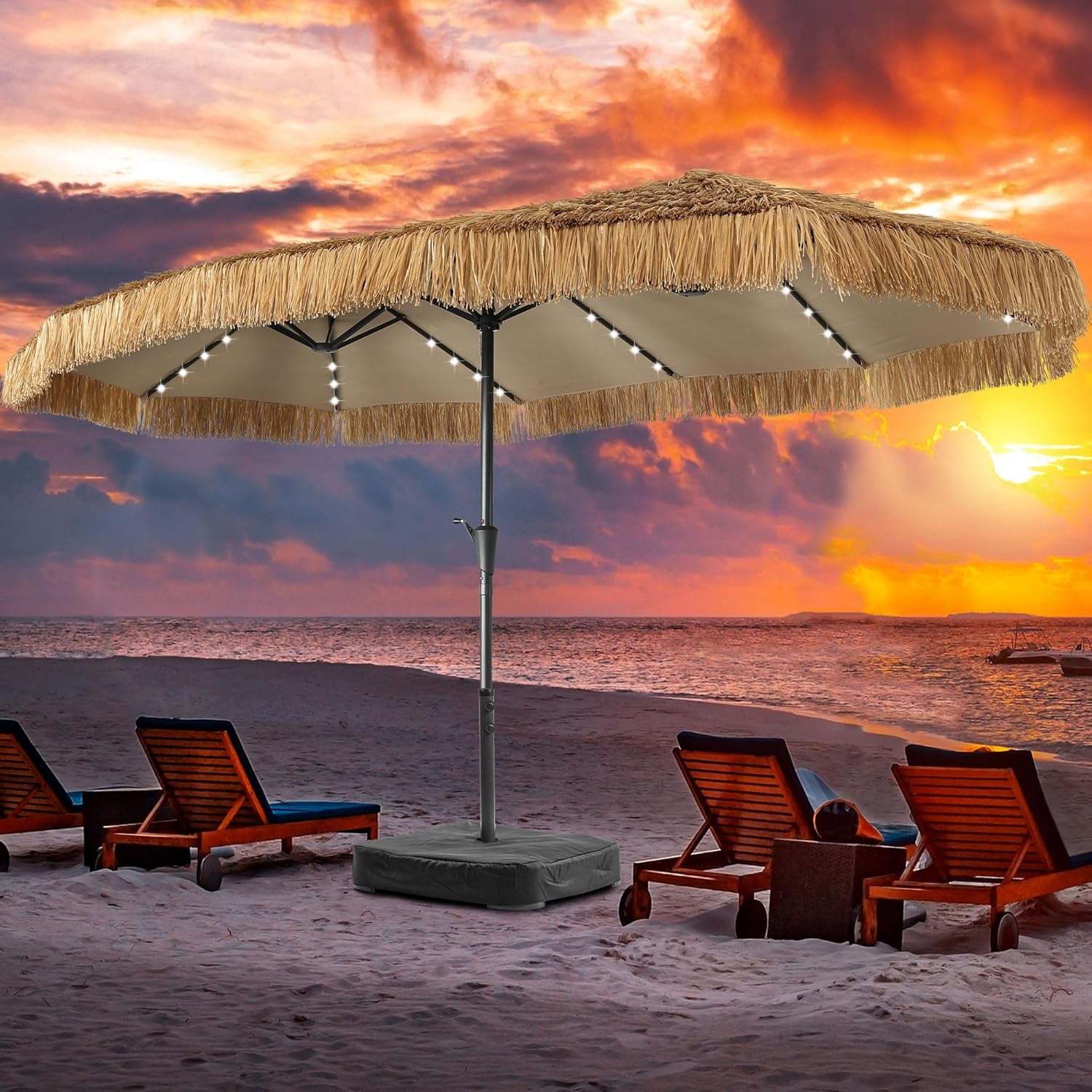 15FT Thatch Umbrella Tiki Bench umbrella With Base&Solar Lights ...
