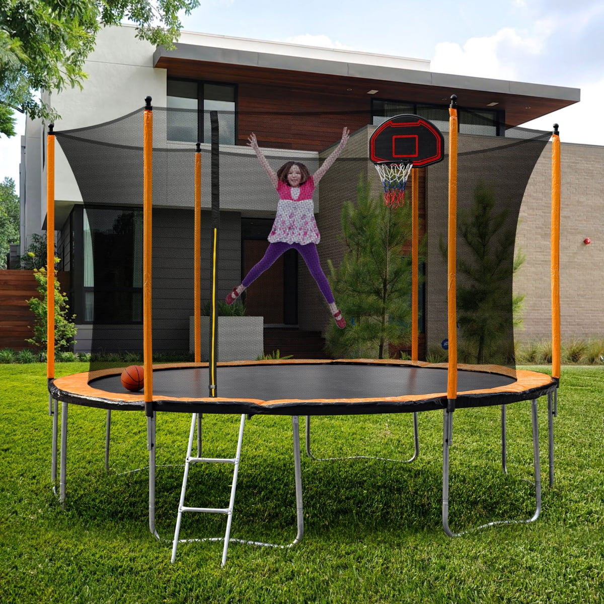 15FT Trampoline with Basketball Hoop Rubber Ball Inflator, Outdoor ...