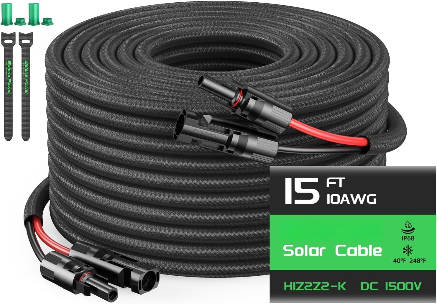 15FT Wire Solar Panel Extension , 10 Gauge PV Wire with IP68 Female ...