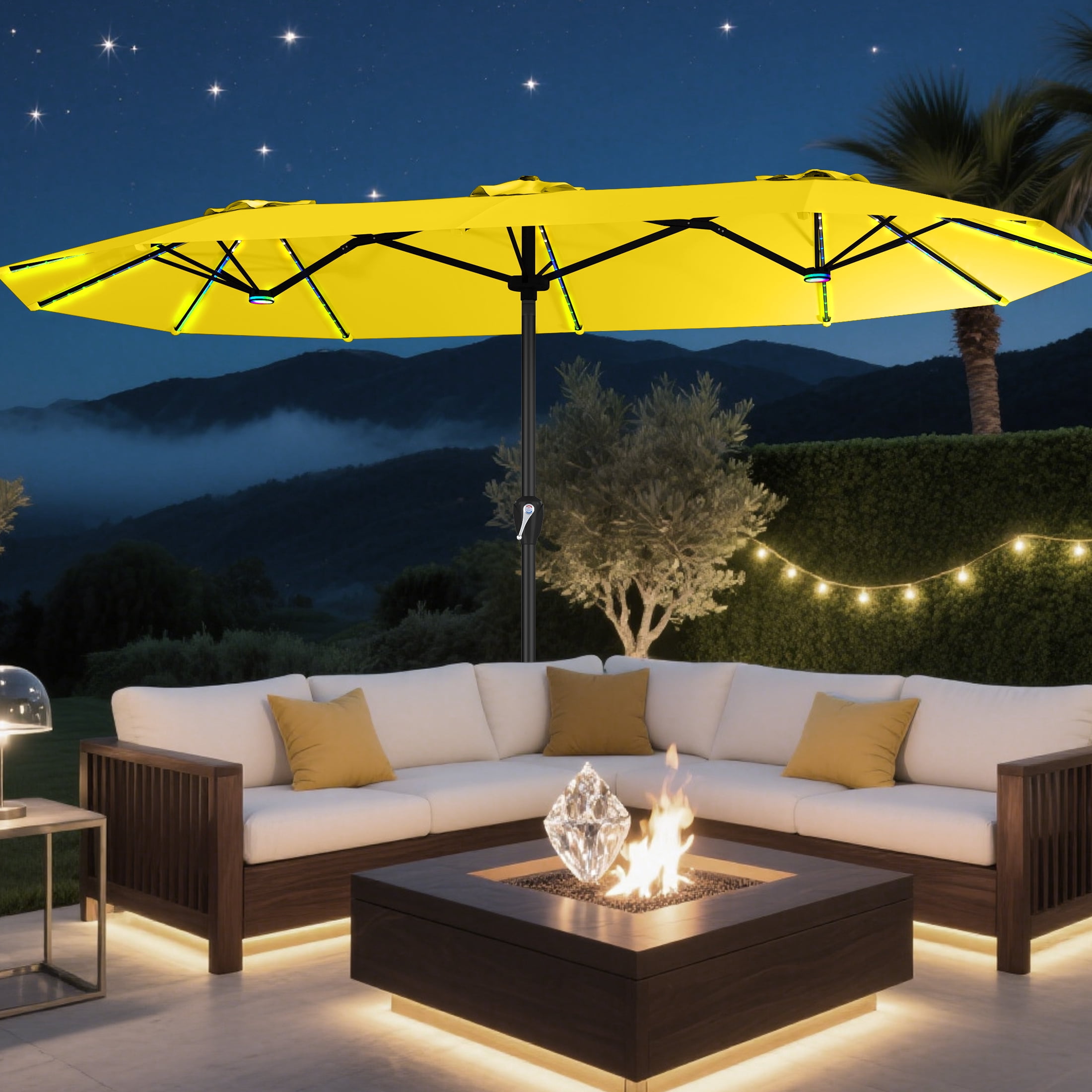 15Ft Double-Sided Patio Umbrella With Solar Lights Remote Control ...