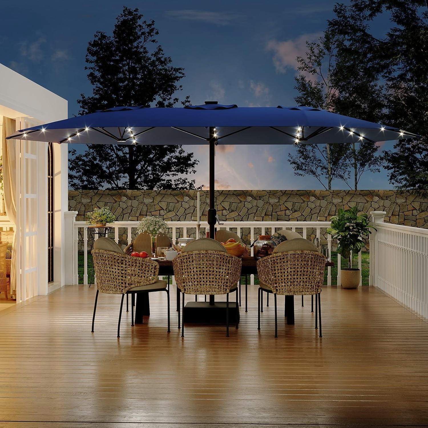 15Ft Rectangular Outdoor Umbrella Patio Umbrella with Solar Lights ...