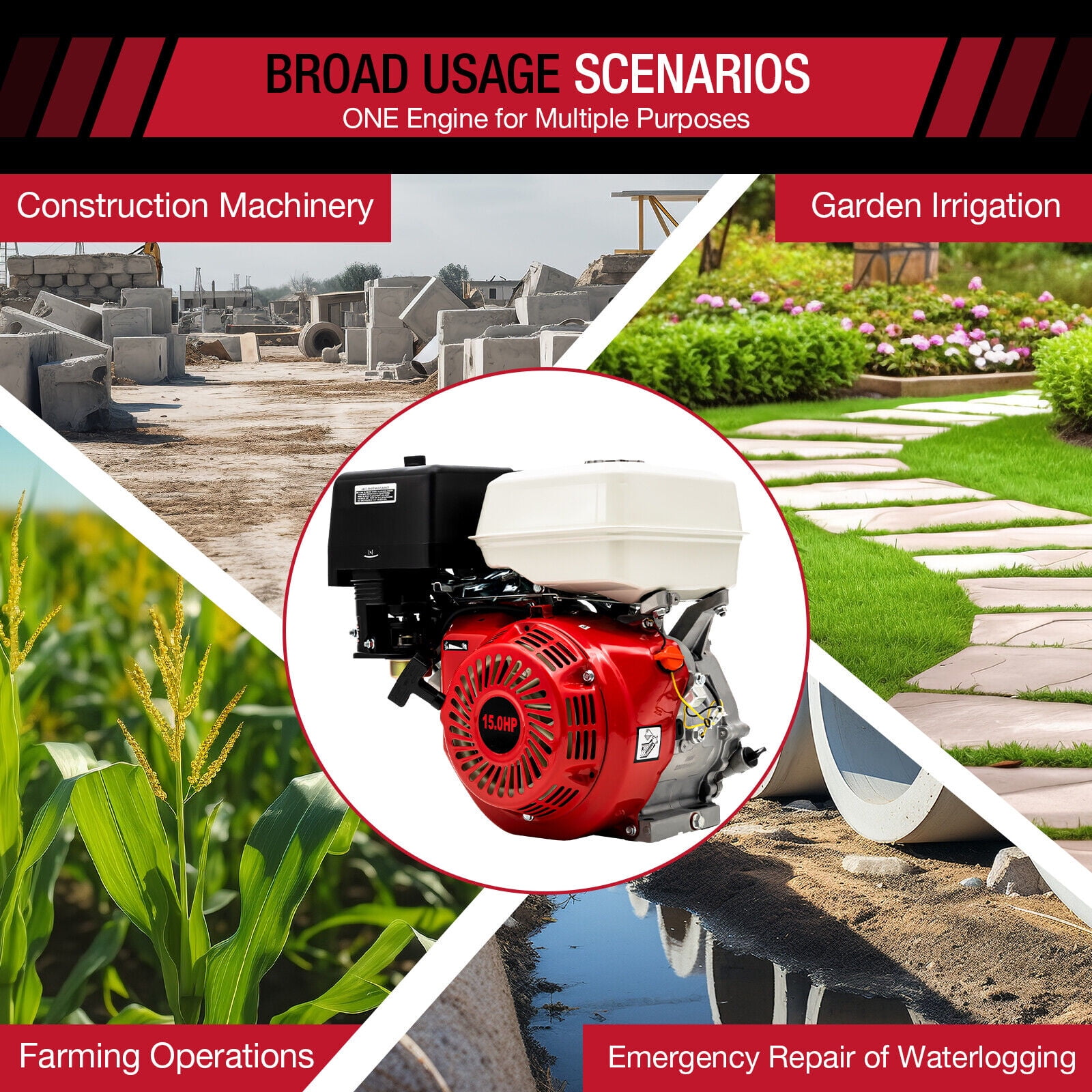 15HP 4 Stroke 420cc OHV Horizontal Shaft Gas Engine Recoil Start Go ...