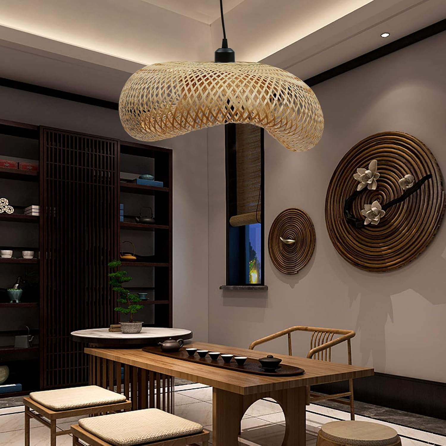 15Inch Bamboo Chandelier, Rattan Pendant Lamp Shade Ceiling Lighting ...