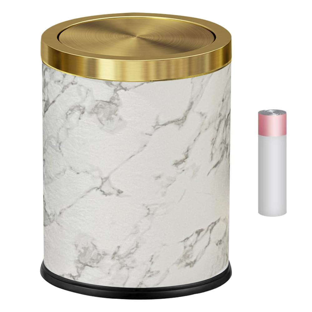 15L/4Gal Marble Leather Trash Can,Gold Garbage Can with Swing Lid,Gold ...