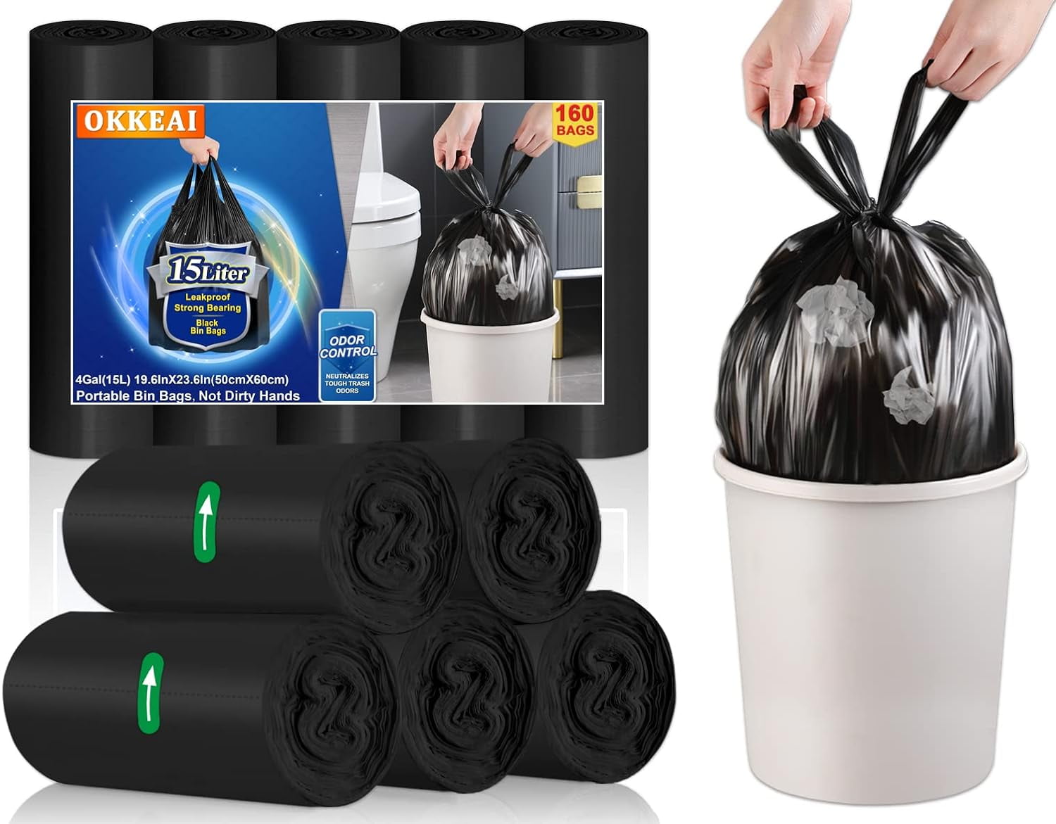 OKKEAI 15L Trash Bags with Tie Handle 160 per Pack for Toilet, Office ...