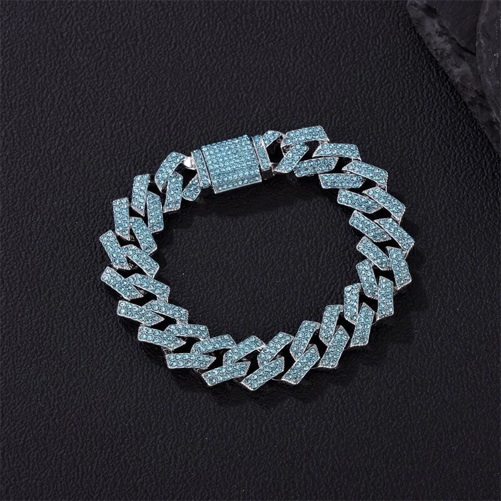 15MM Rhombus Prong Cuban Link Bracelet Iced Out Blue Rhinestones Bling ...