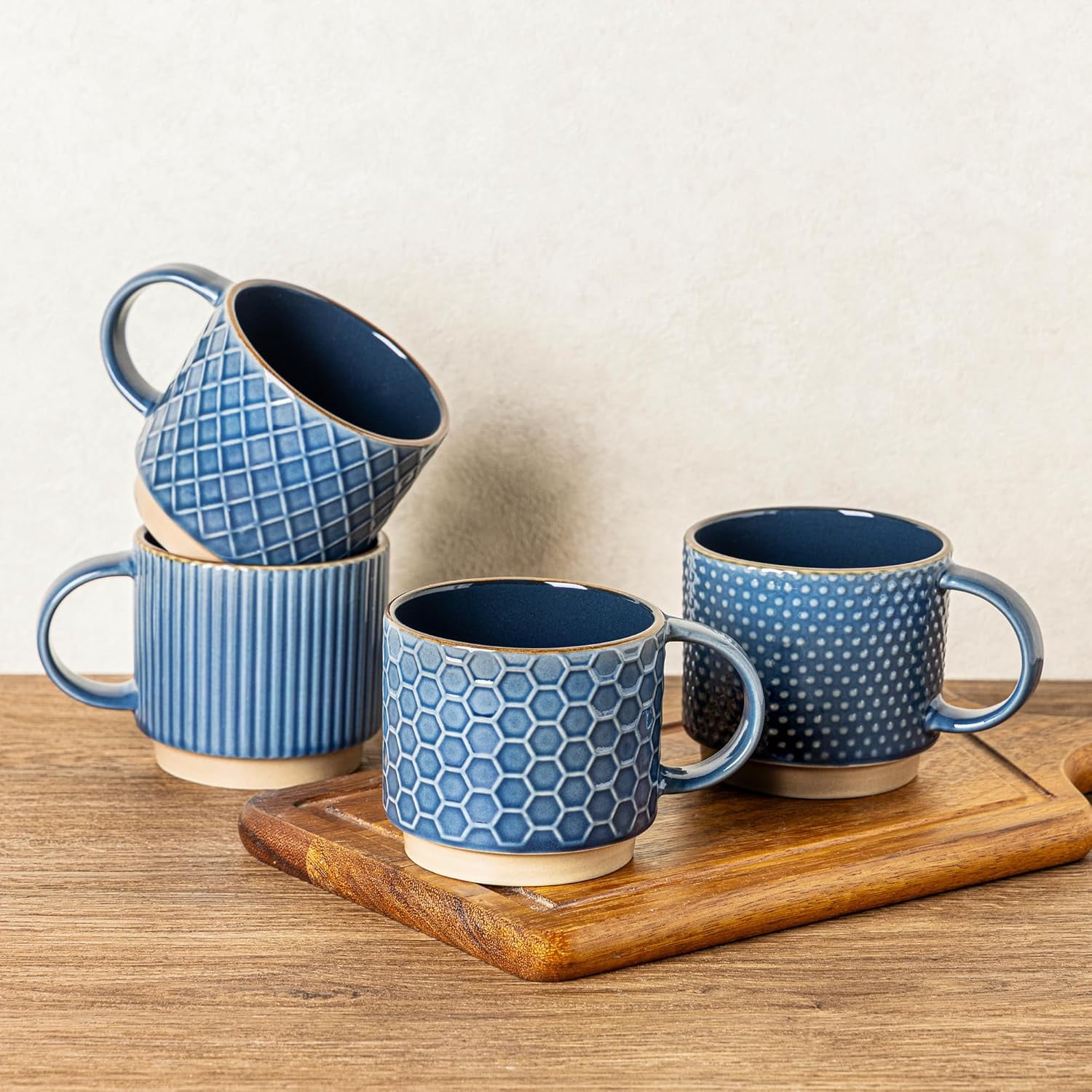 15OZ Stackable Coffee Mugs, Ceramic Coffee Cups with Texture Patterns ...