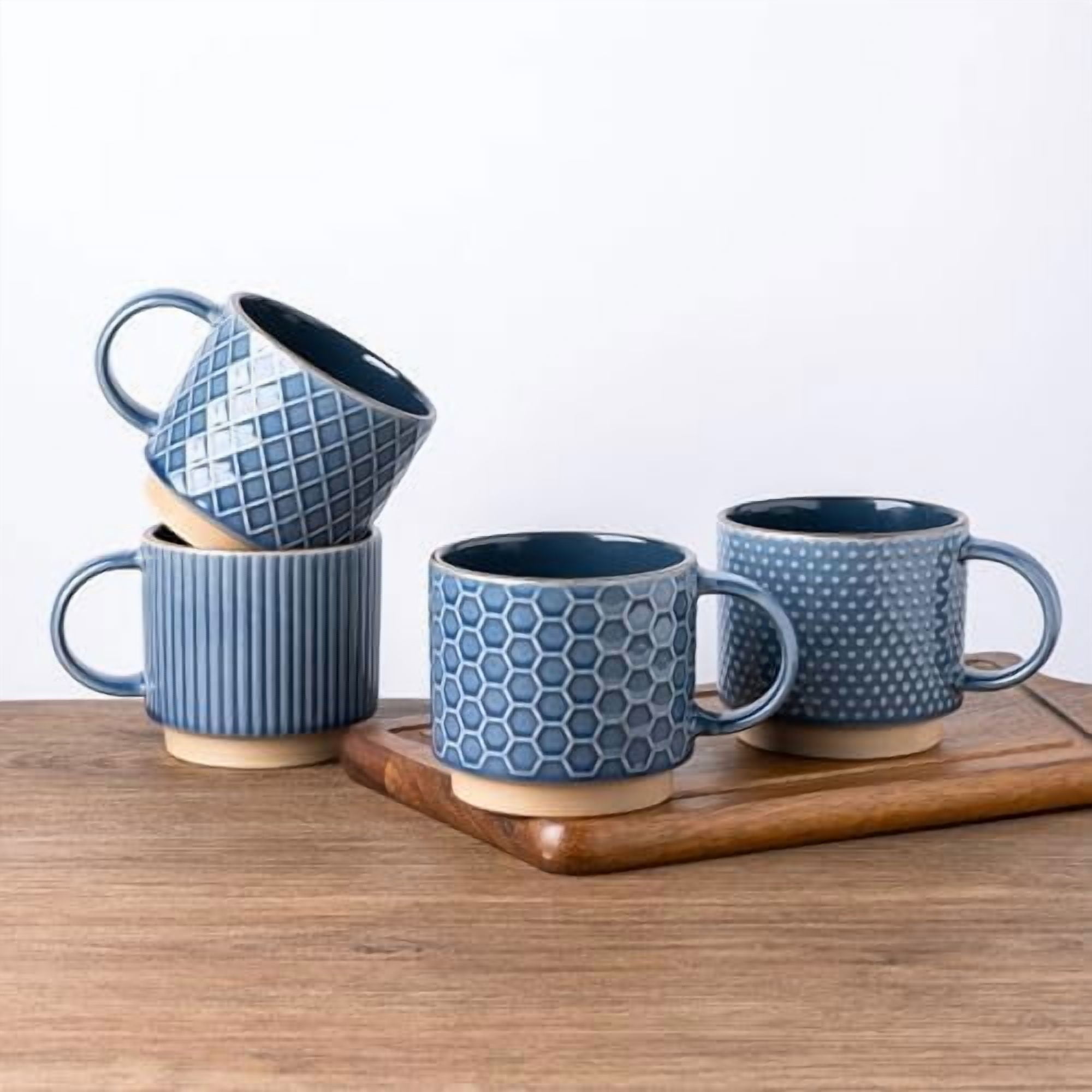 15OZ Stackable Coffee Mugs, Ceramic Coffee Cups with Texture Patterns ...