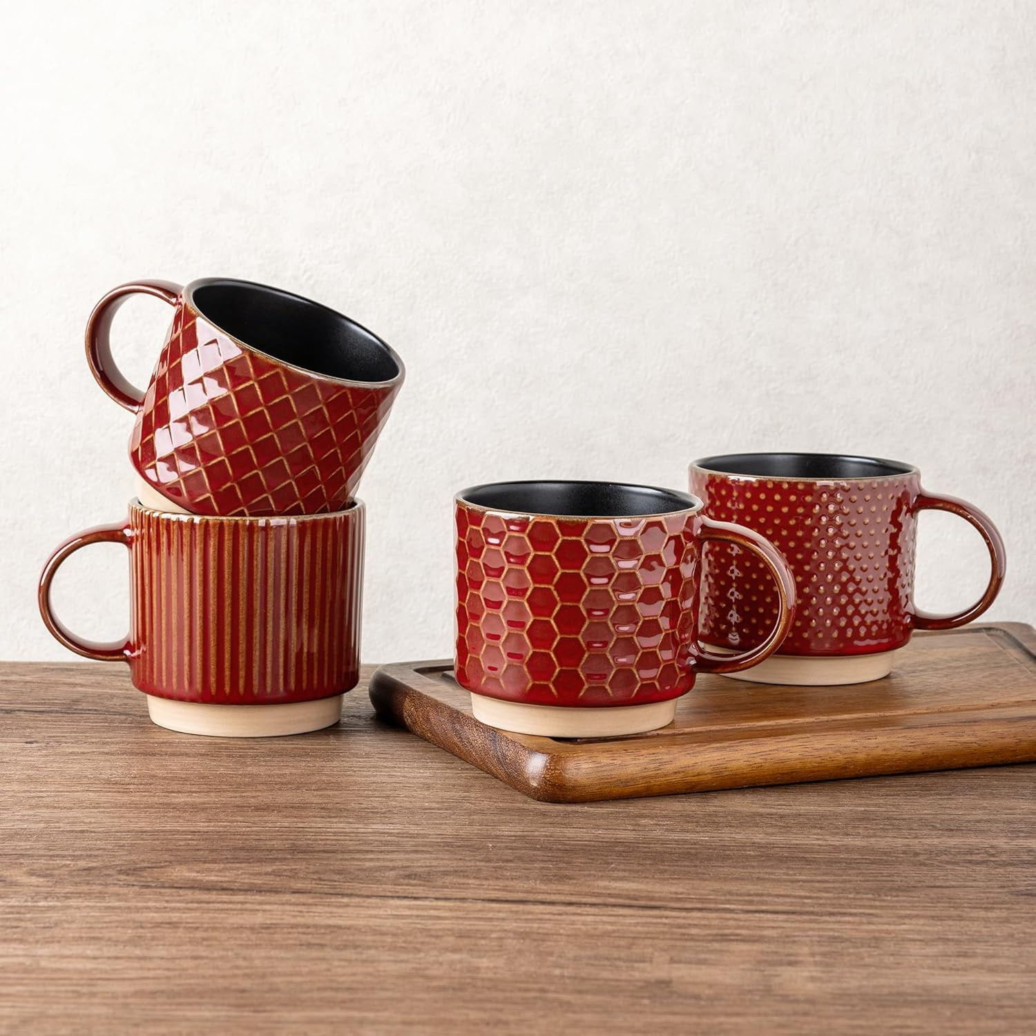 15OZ Stackable Coffee Mugs, Ceramic Coffee Mugs with Texture Patterns ...