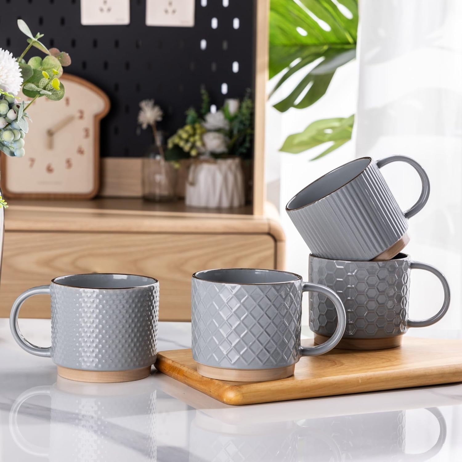 15OZ Stackable Coffee Mugs, Ceramic Coffee Mugs with Texture Patterns ...