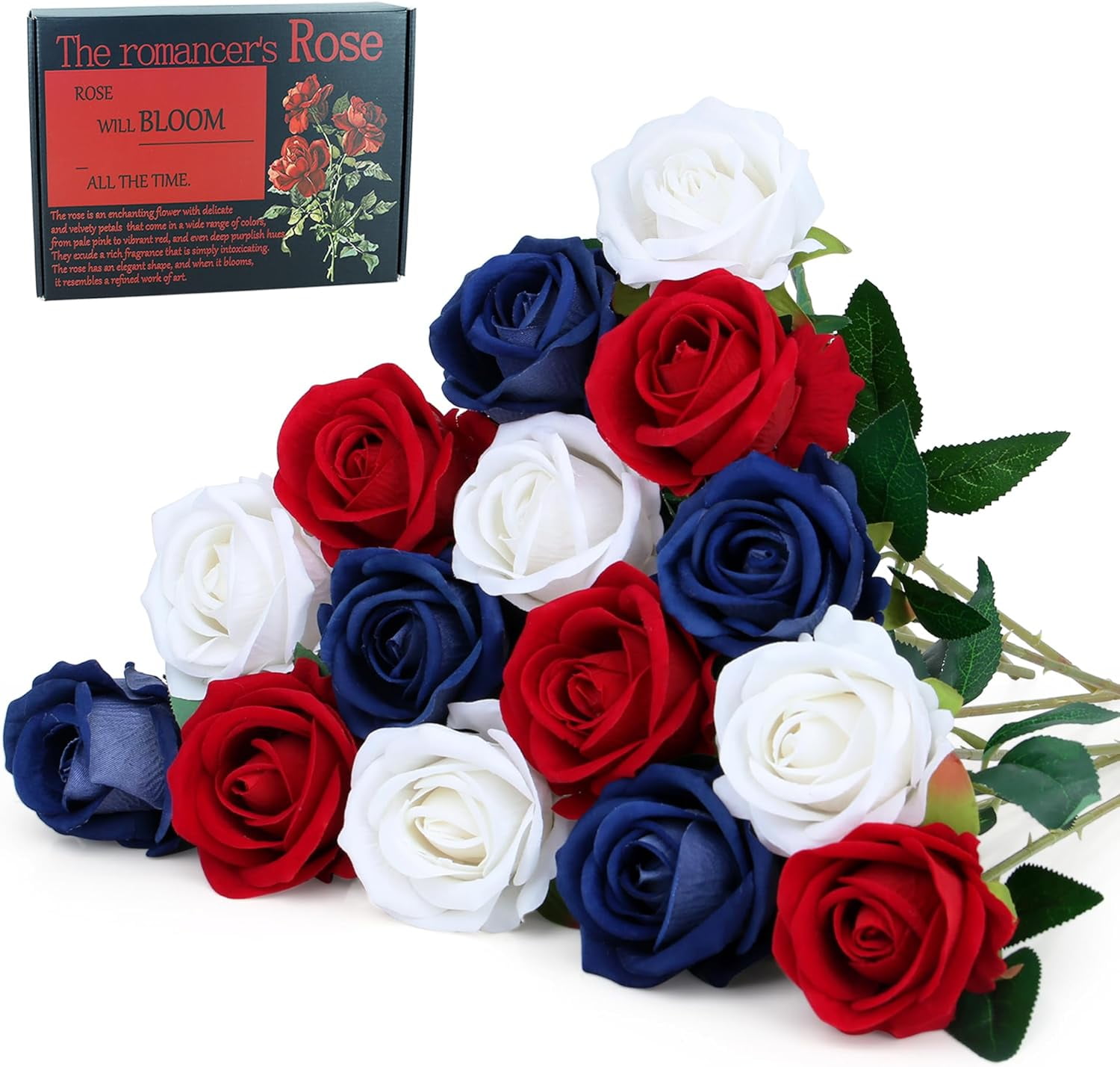 15PCS 4th of July Flowers Roses Artificial Silk Flowers Patriotic Fake ...