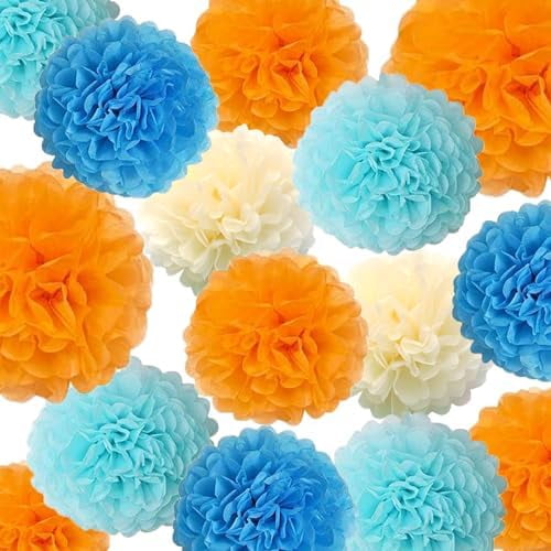 15PCS Blue Orange Party Decorations - Tissue Pom Poms Paper Flowers ...